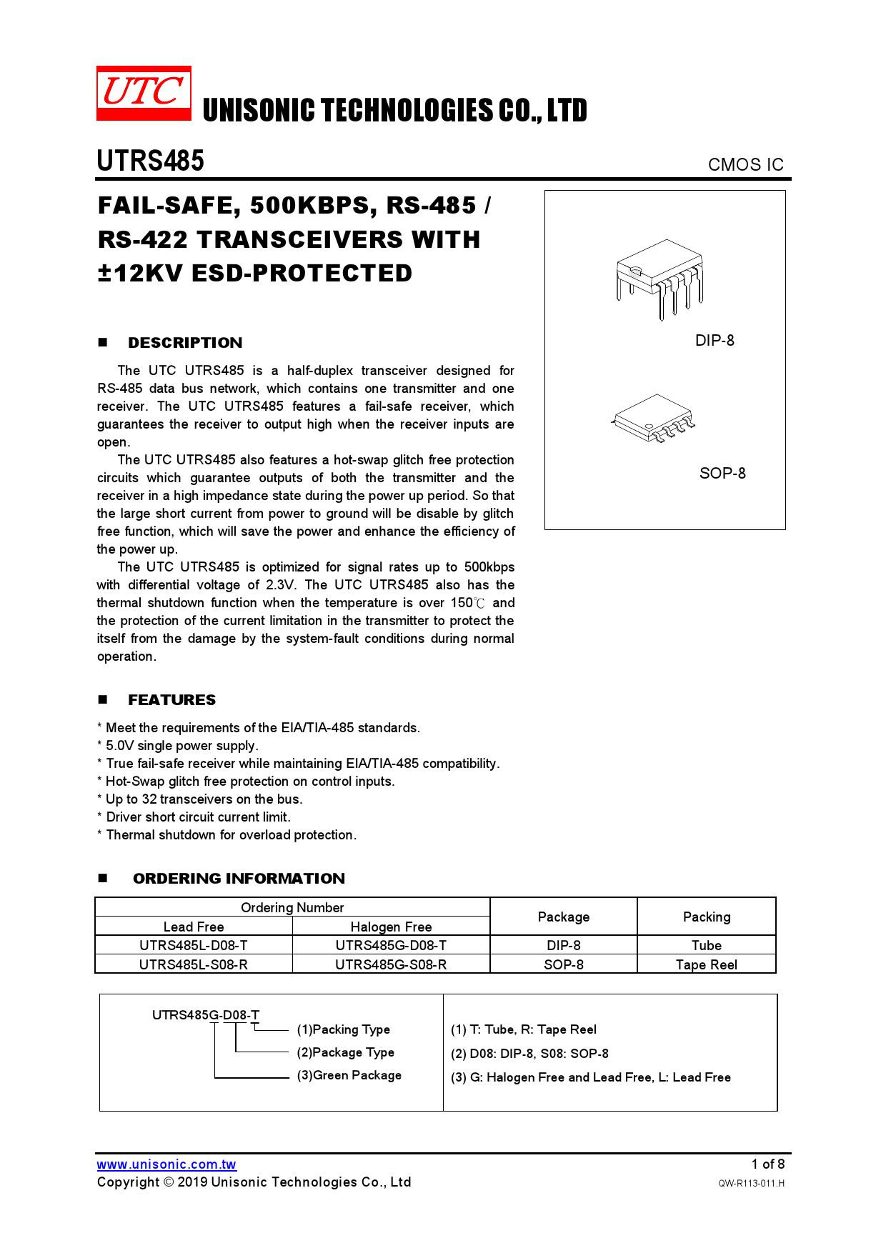 UTRS485G-S08-R_（UTC(友顺)）UTRS485G-S08-R中文资料_价格_PDF手册-立创电子商城