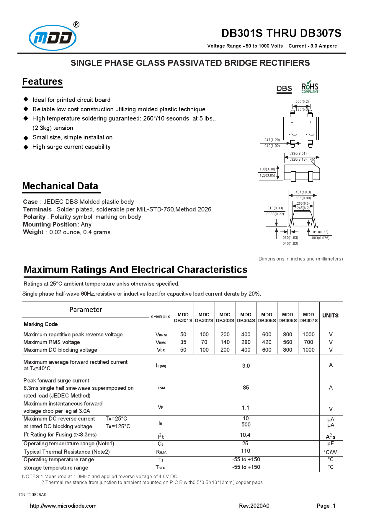 DB307S_（MDD）DB307S中文资料_价格_PDF手册-立创电子商城