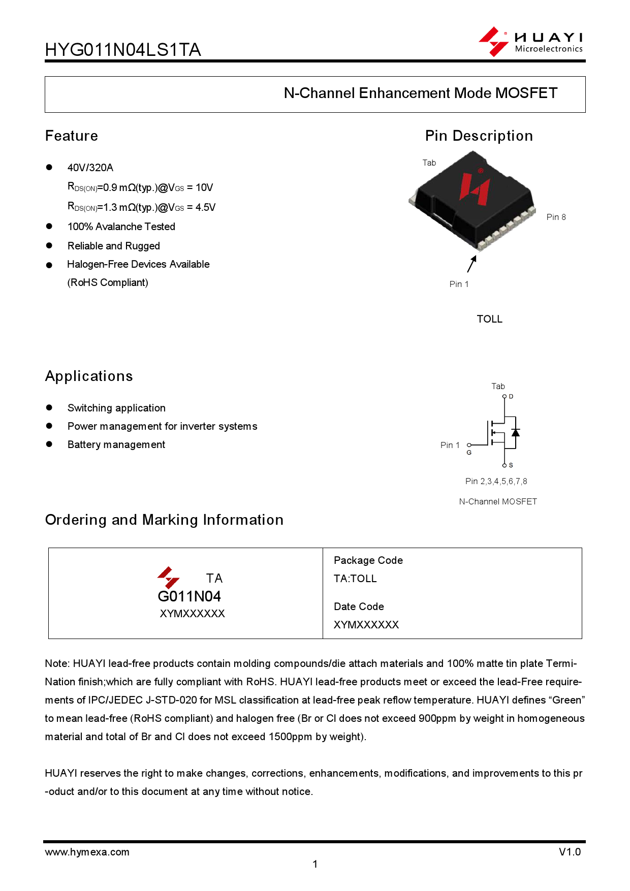 HYG011N04LS1TA_（HUAYI(华羿微)）HYG011N04LS1TA中文资料_价格_PDF手册-立创电子商城