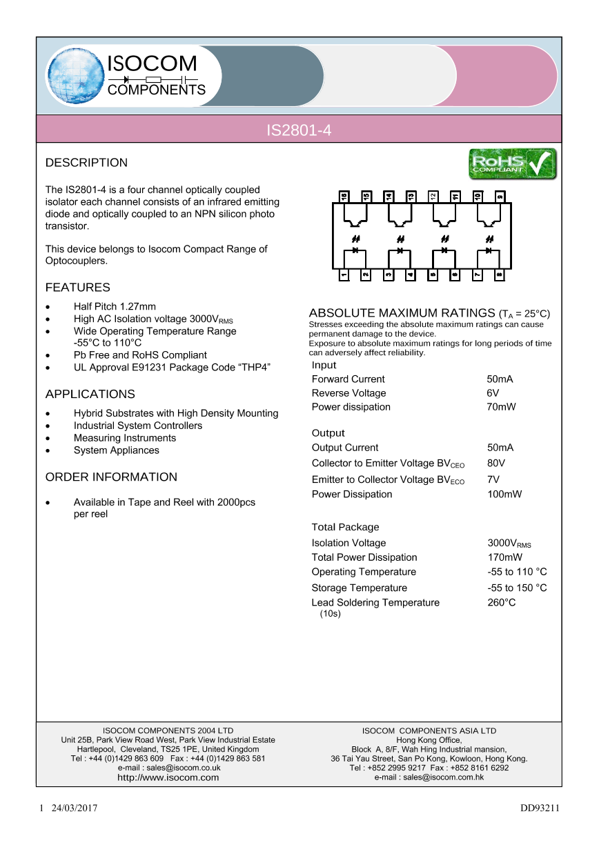 IS2801-4_（ISOCOM(英国安数光)）IS2801-4中文资料_价格_PDF手册-立创电子商城