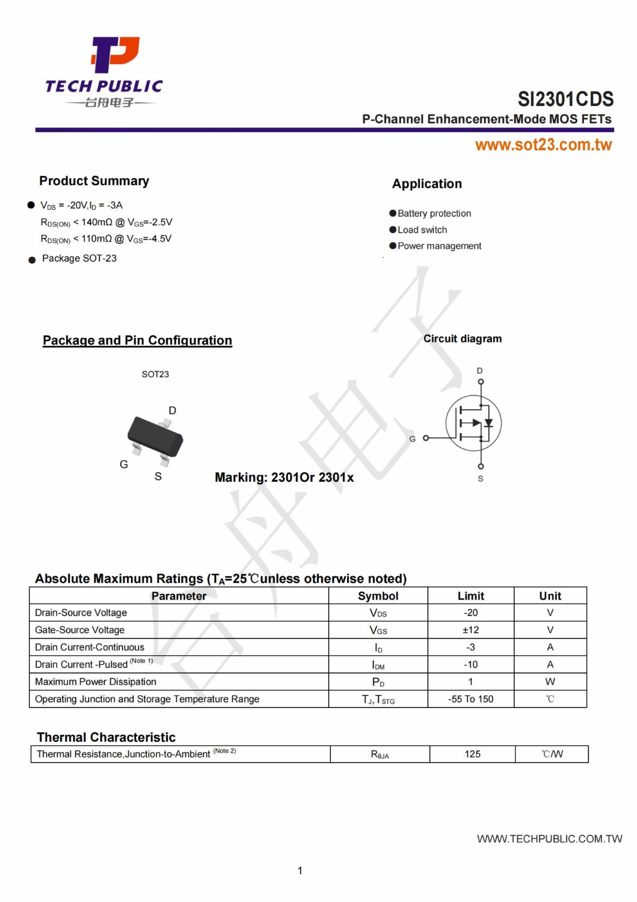 SI2301CDS_（TECH PUBLIC(台舟)）SI2301CDS中文资料_价格_PDF手册-立创电子商城