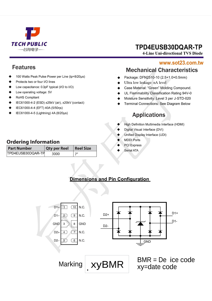 TPD4EUSB30DQAR-TP_（TECH PUBLIC(台舟)）TPD4EUSB30DQAR-TP中文资料_价格_PDF手册-立创电子商城