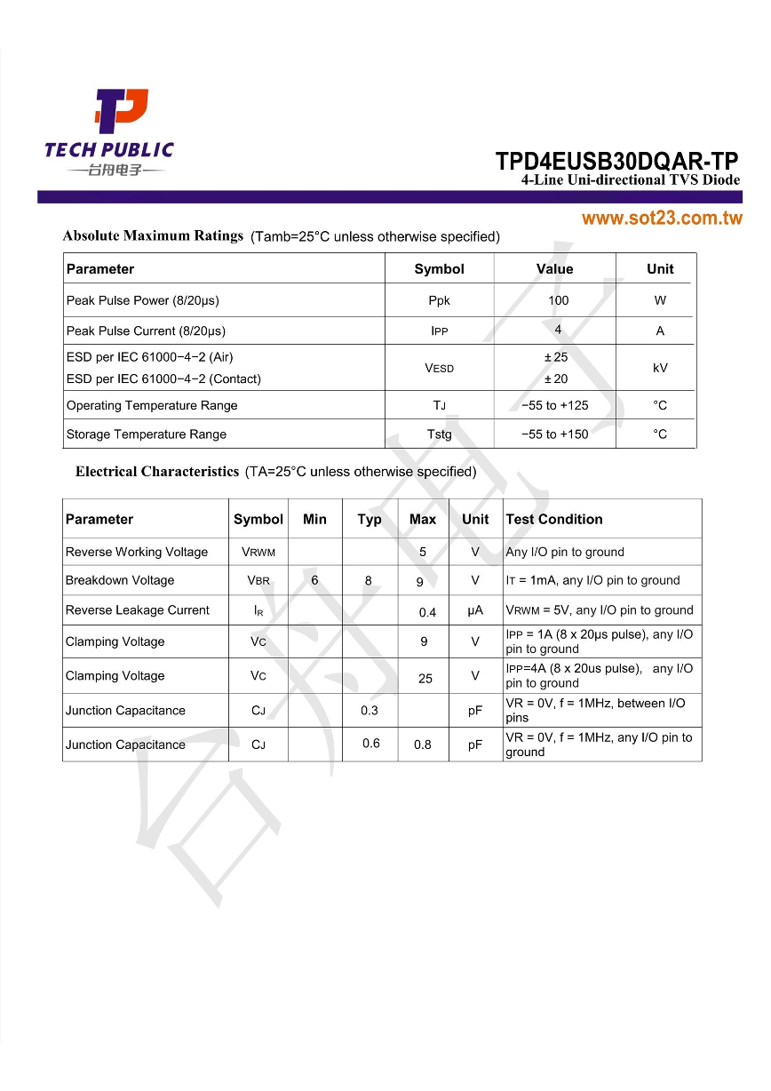 TPD4EUSB30DQAR-TP_（TECH PUBLIC(台舟)）TPD4EUSB30DQAR-TP中文资料_价格_PDF手册-立创电子商城