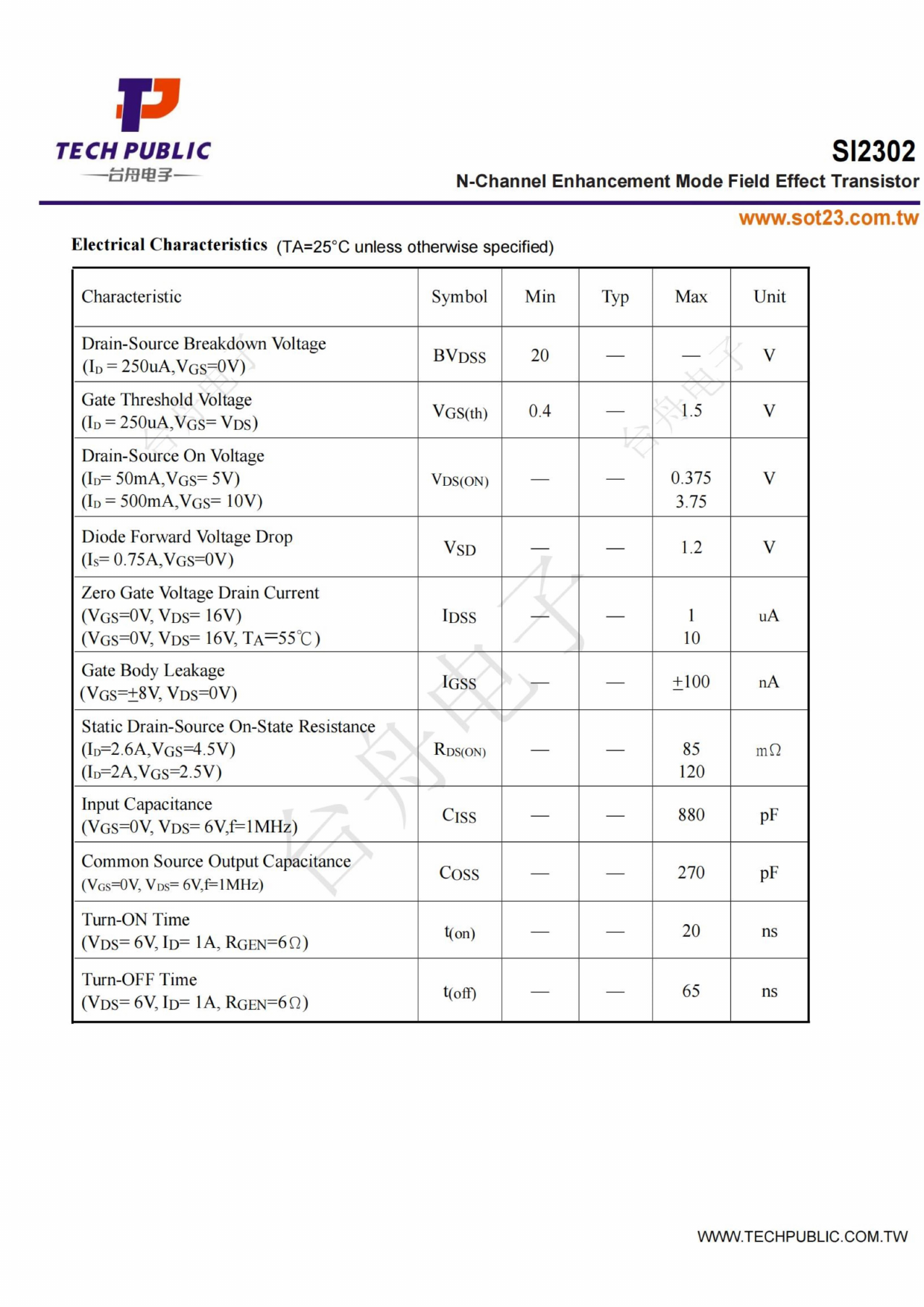 SI2302_（TECH PUBLIC(台舟)）SI2302中文资料_价格_PDF手册-立创电子商城