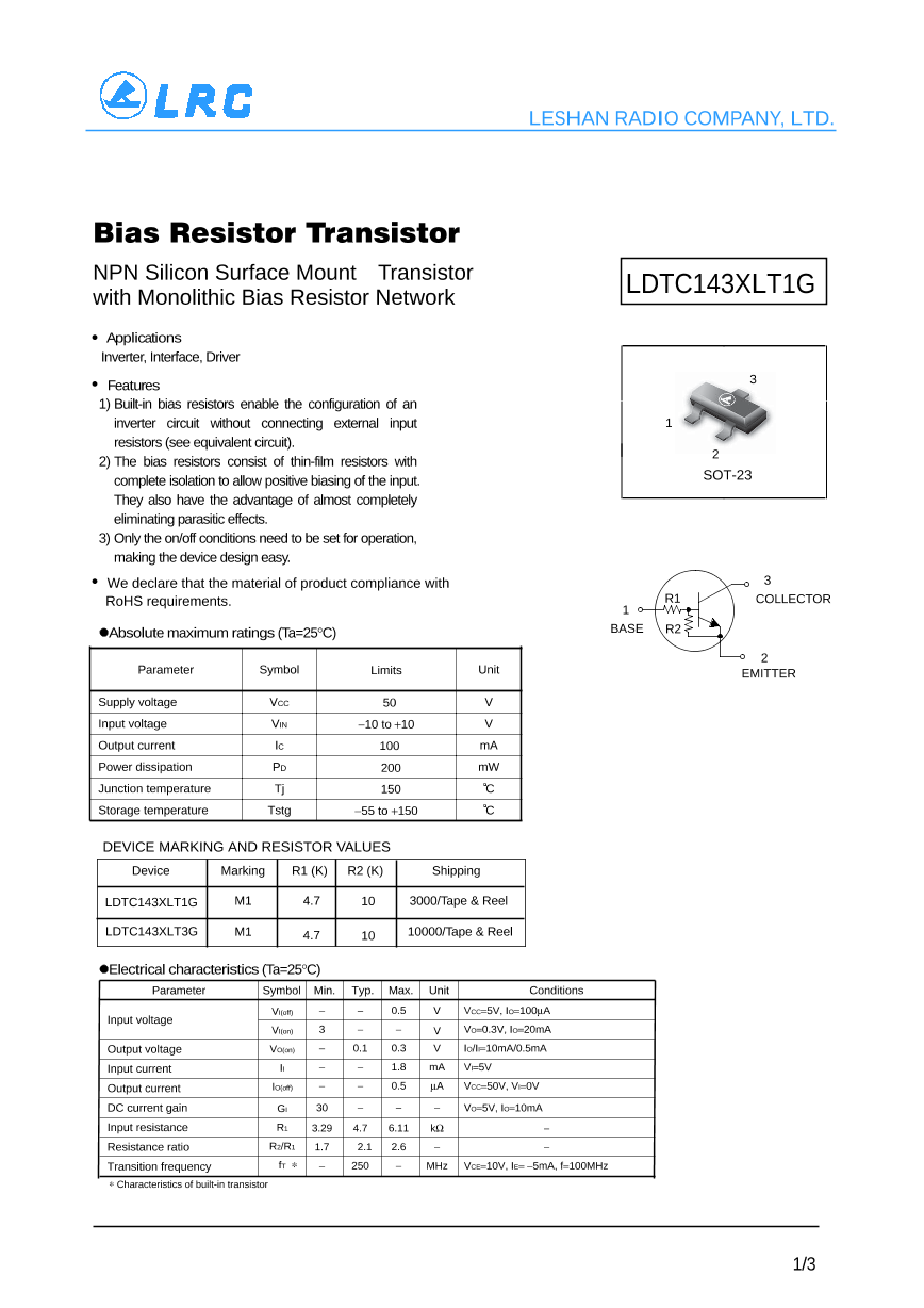 LDTC143XLT1G_（LRC(乐山无线电)）LDTC143XLT1G中文资料_价格_PDF手册-立创电子商城