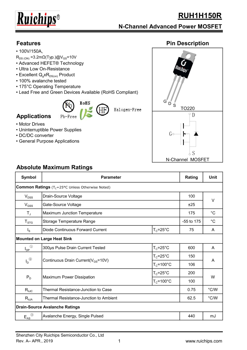 RUH1H150R_（Ruichips(锐骏半导体)）RUH1H150R中文资料_价格_PDF手册-立创电子商城