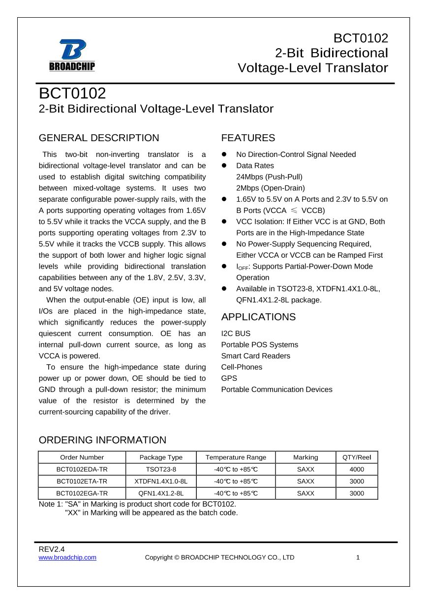 BCT0102ETA-TR_（BROADCHIP(广芯电子)）BCT0102ETA-TR中文资料_价格_PDF手册-立创电子商城