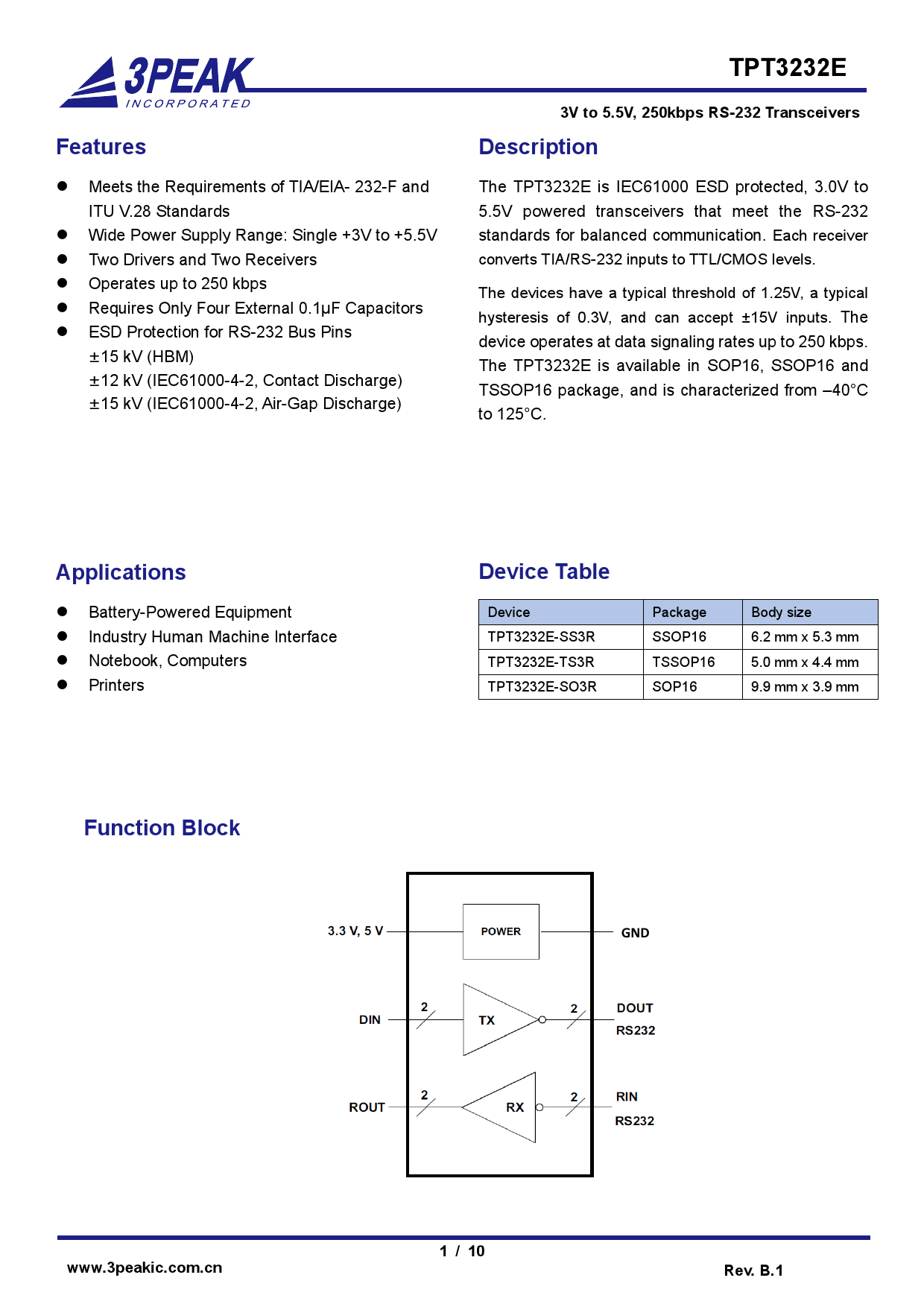 TPT3232E-TS3R_（3PEAK）TPT3232E-TS3R中文资料_价格_PDF手册-立创电子商城