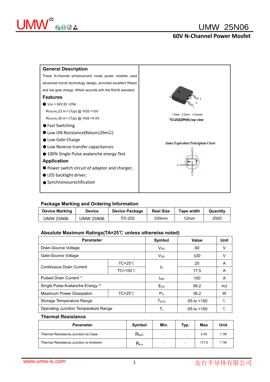 25N06_（UMW(广东友台半导体)）25N06中文资料_价格_PDF手册-立创电子商城