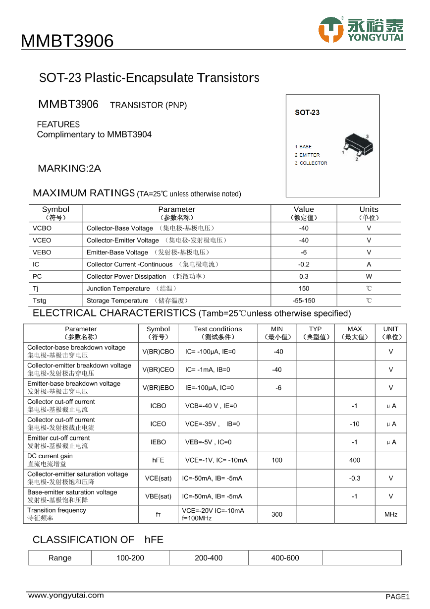 MMBT3906_（YONGYUTAI(永裕泰)）MMBT3906中文资料_价格_PDF手册-立创电子商城