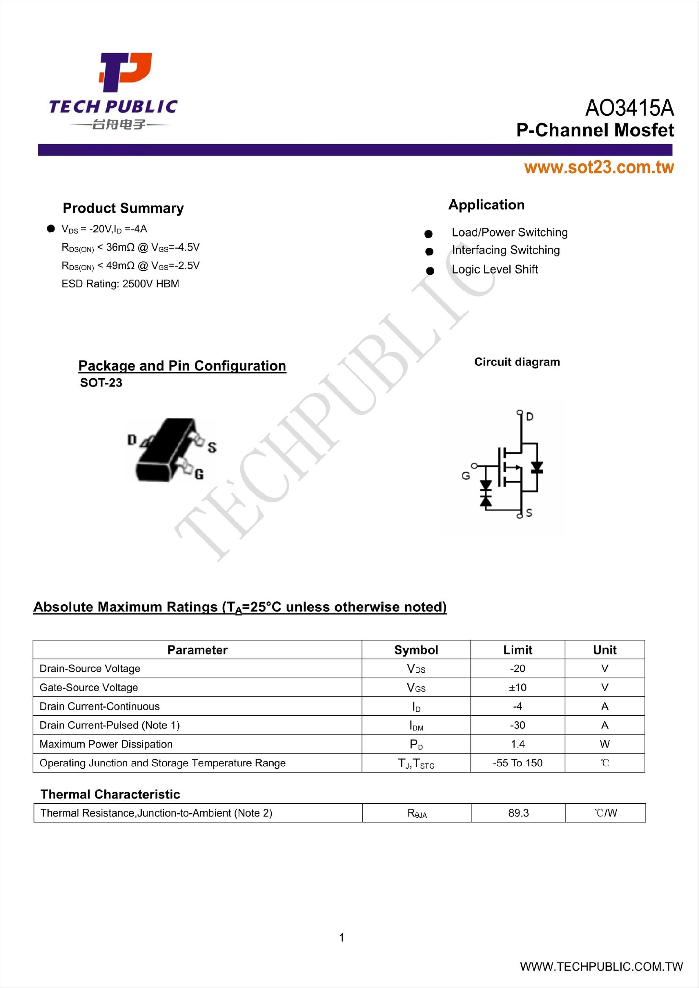 AO3415A_（TECH PUBLIC(台舟)）AO3415A中文资料_价格_PDF手册-立创电子商城