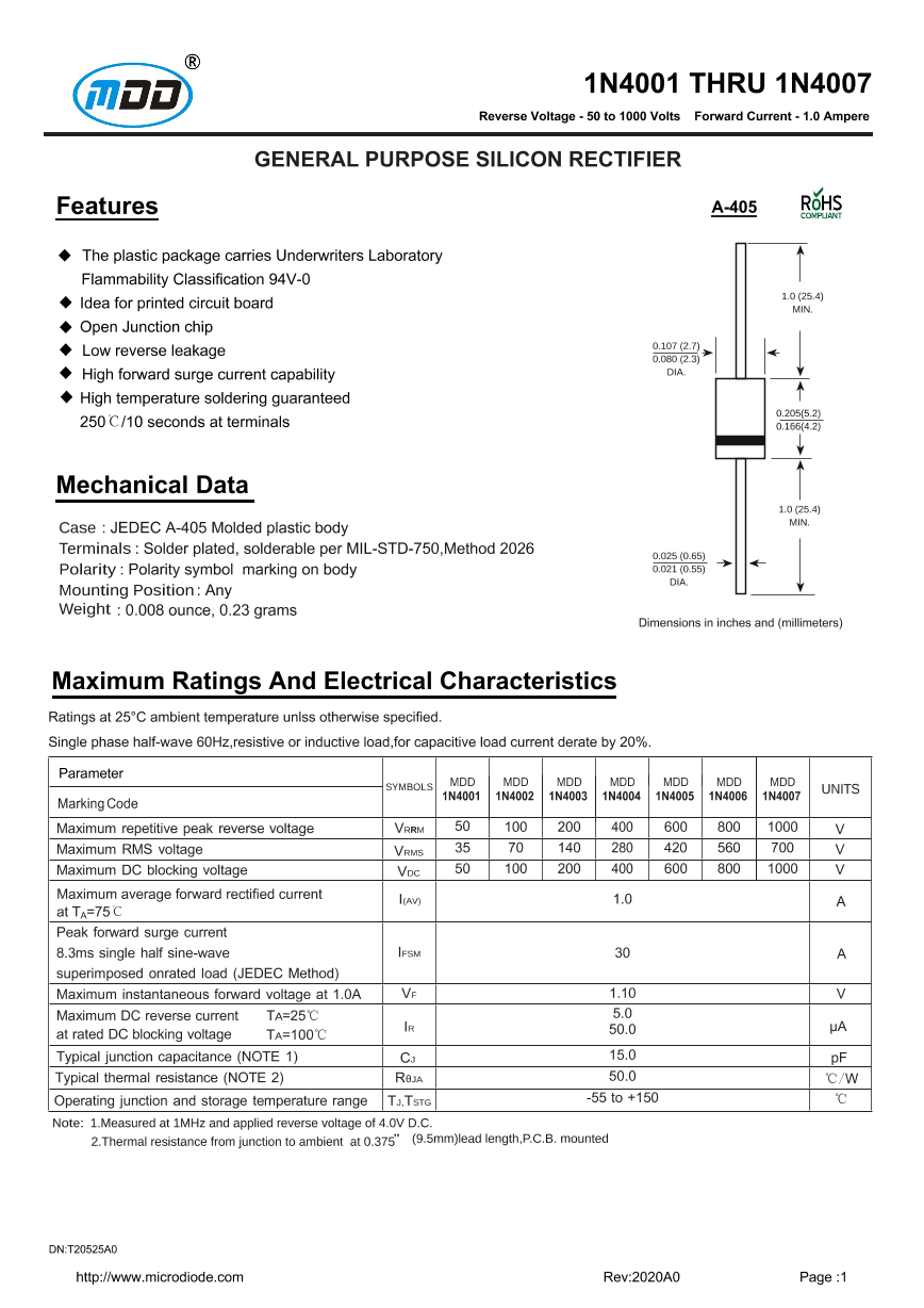 1N4004_（MDD）1N4004中文资料_价格_PDF手册-立创电子商城