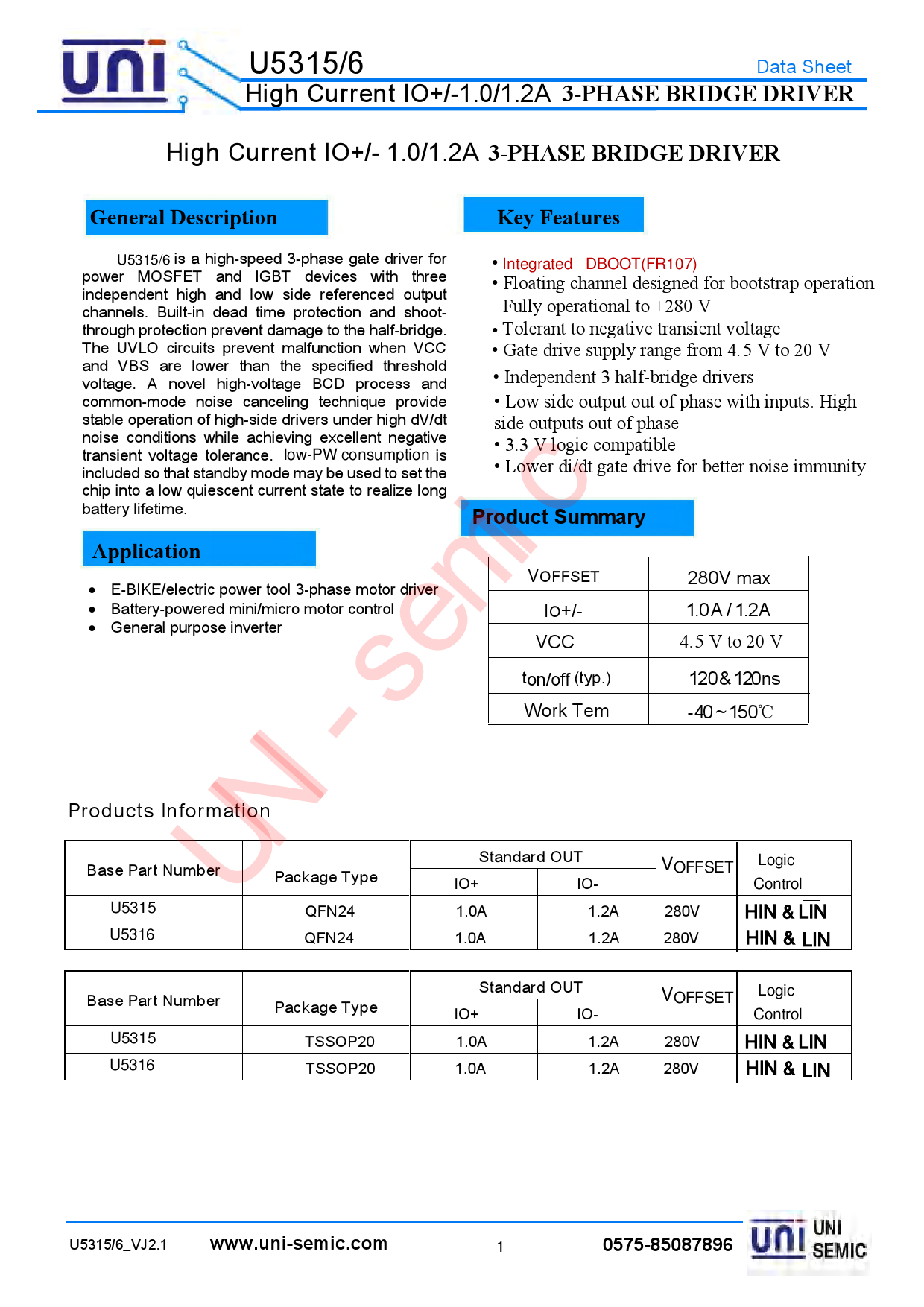 U5315_（UNI-SEMI(宇力半导体)）U5315中文资料_价格_PDF手册-立创电子商城
