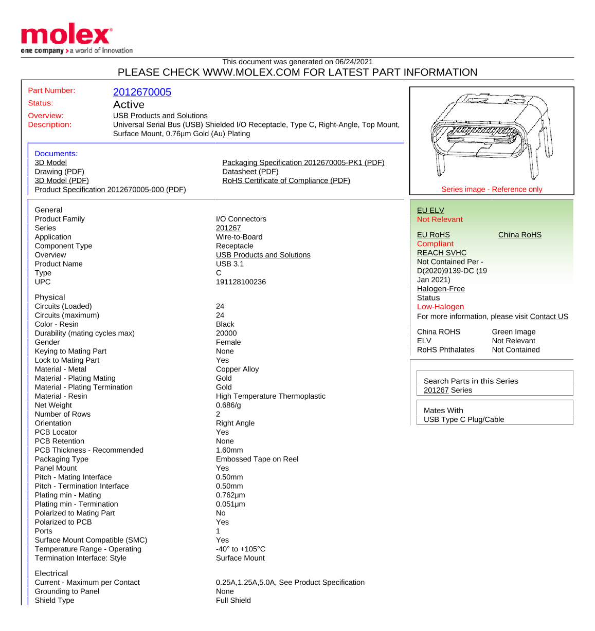 2012670005_（MOLEX）2012670005中文资料_价格_PDF手册-立创电子商城