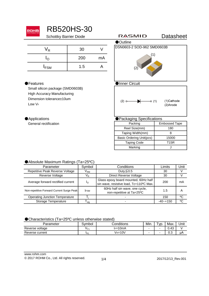 RB520HS-30T15R_（ROHM(罗姆)）RB520HS-30T15R中文资料_价格_PDF手册-立创电子商城