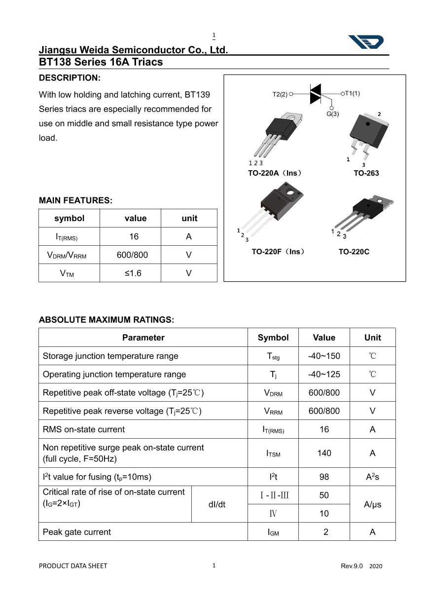 BT139-800E_（WEIDA(韦达)）BT139-800E中文资料_价格_PDF手册-立创电子商城