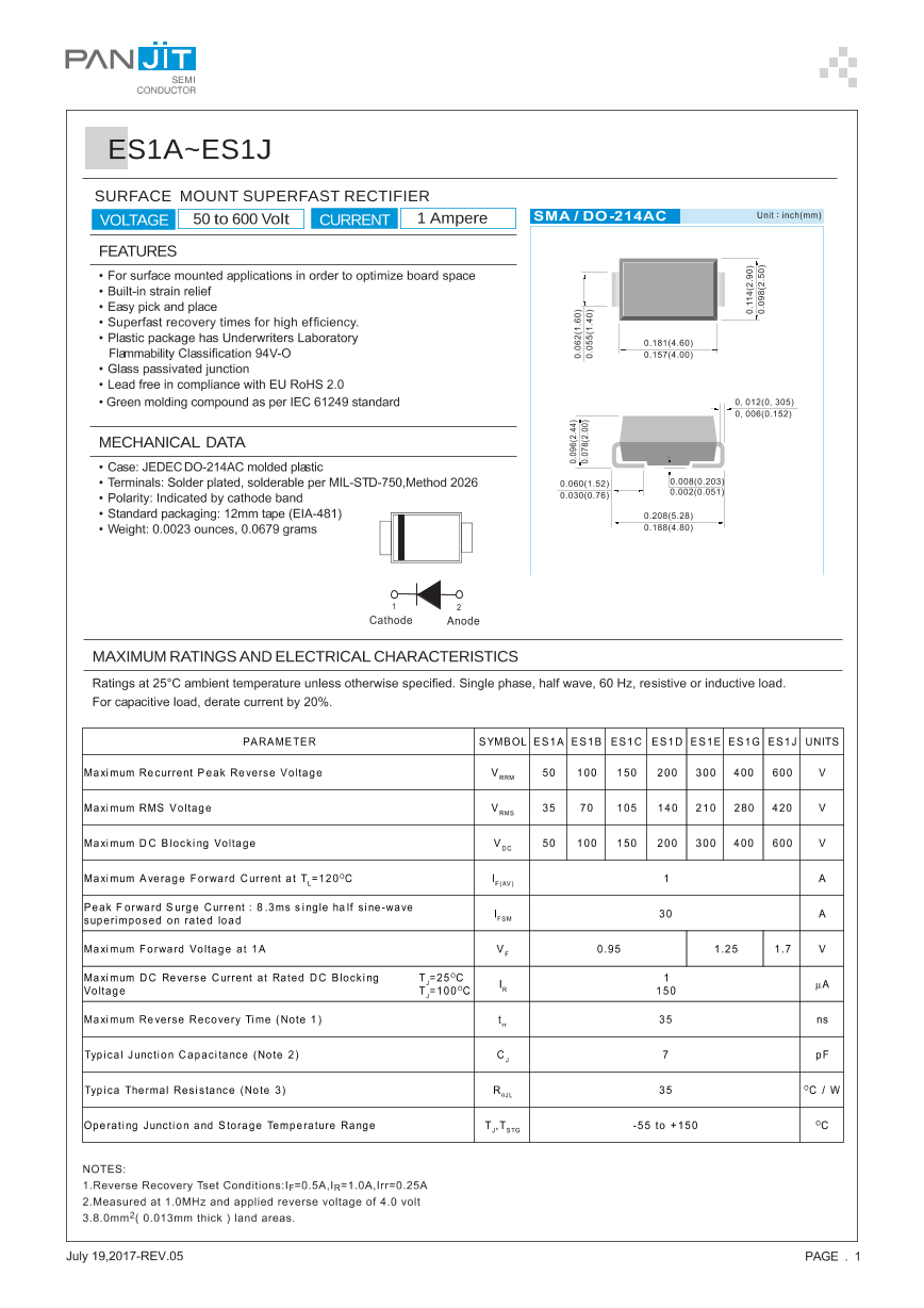 ES1B-R1-00101_（PANJIT(强茂)）ES1B-R1-00101中文资料_价格_PDF手册-立创电子商城