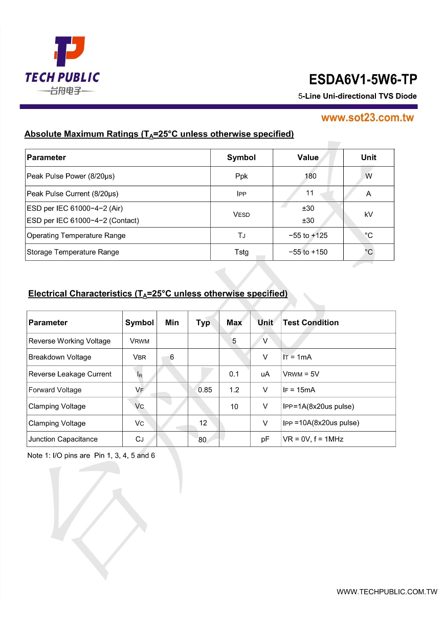 ESDA6V1-5W6-TP_（TECH PUBLIC(台舟)）ESDA6V1-5W6-TP中文资料_价格_PDF手册-立创电子商城