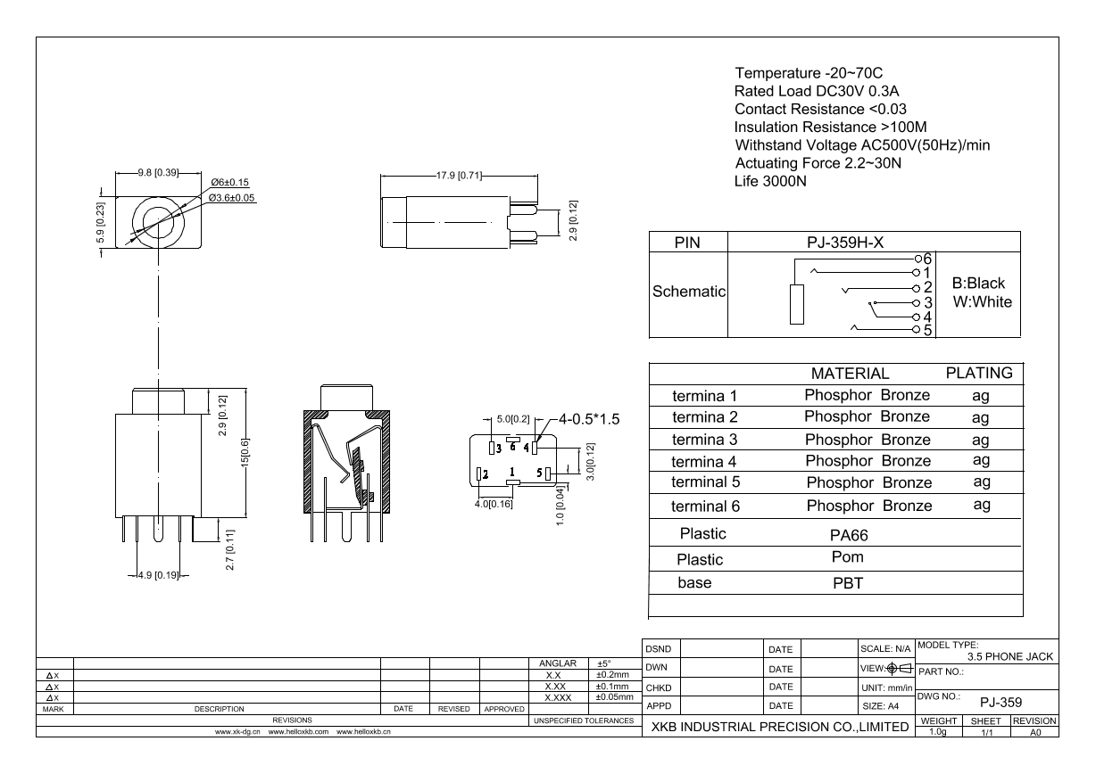 PJ-359-B_（XKB Connectivity(中国星坤)）PJ-359-B中文资料_价格_PDF手册-立创电子商城