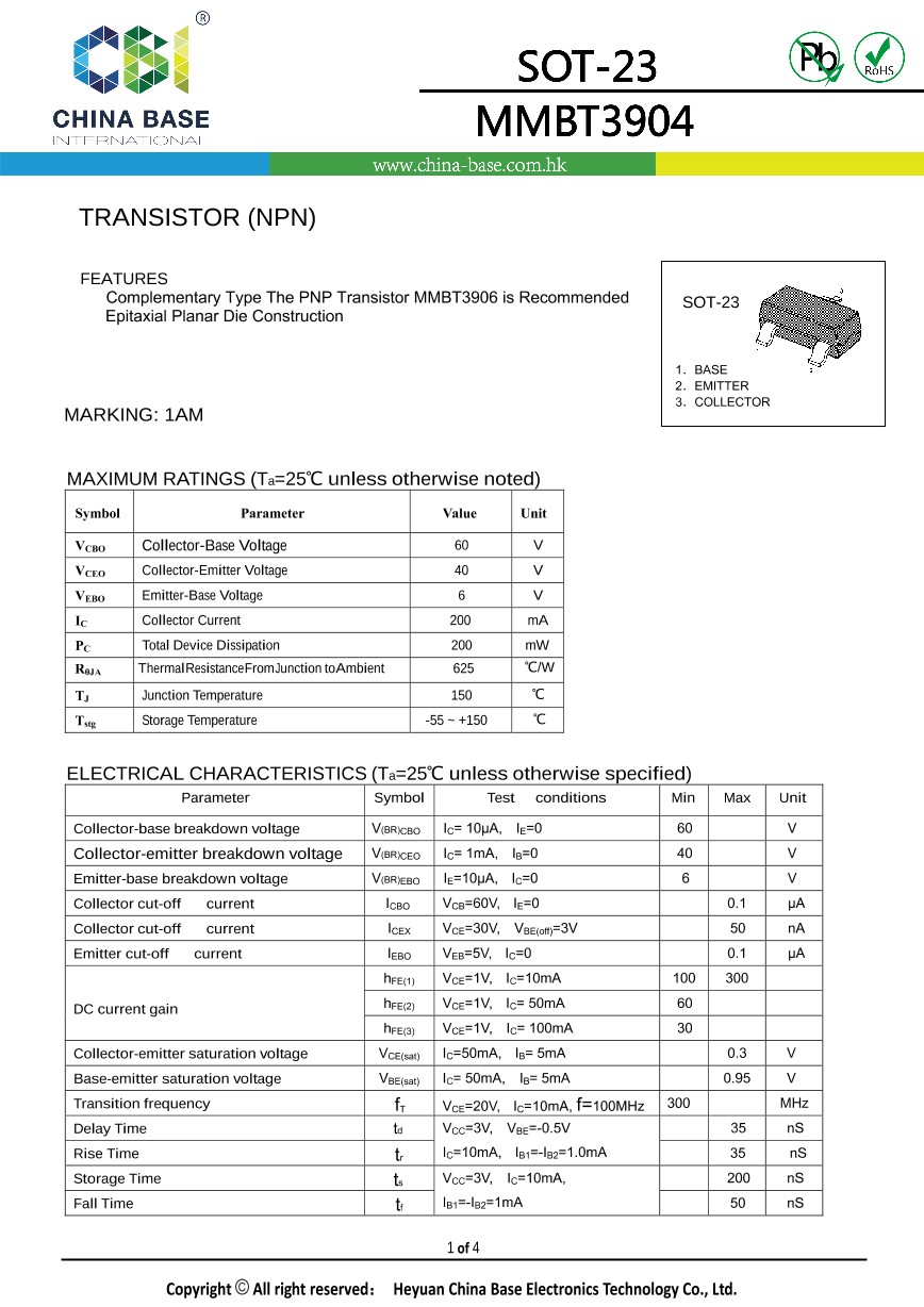 MMBT3904 1AM_（CBI(创基)）MMBT3904 1AM中文资料_价格_PDF手册-立创电子商城