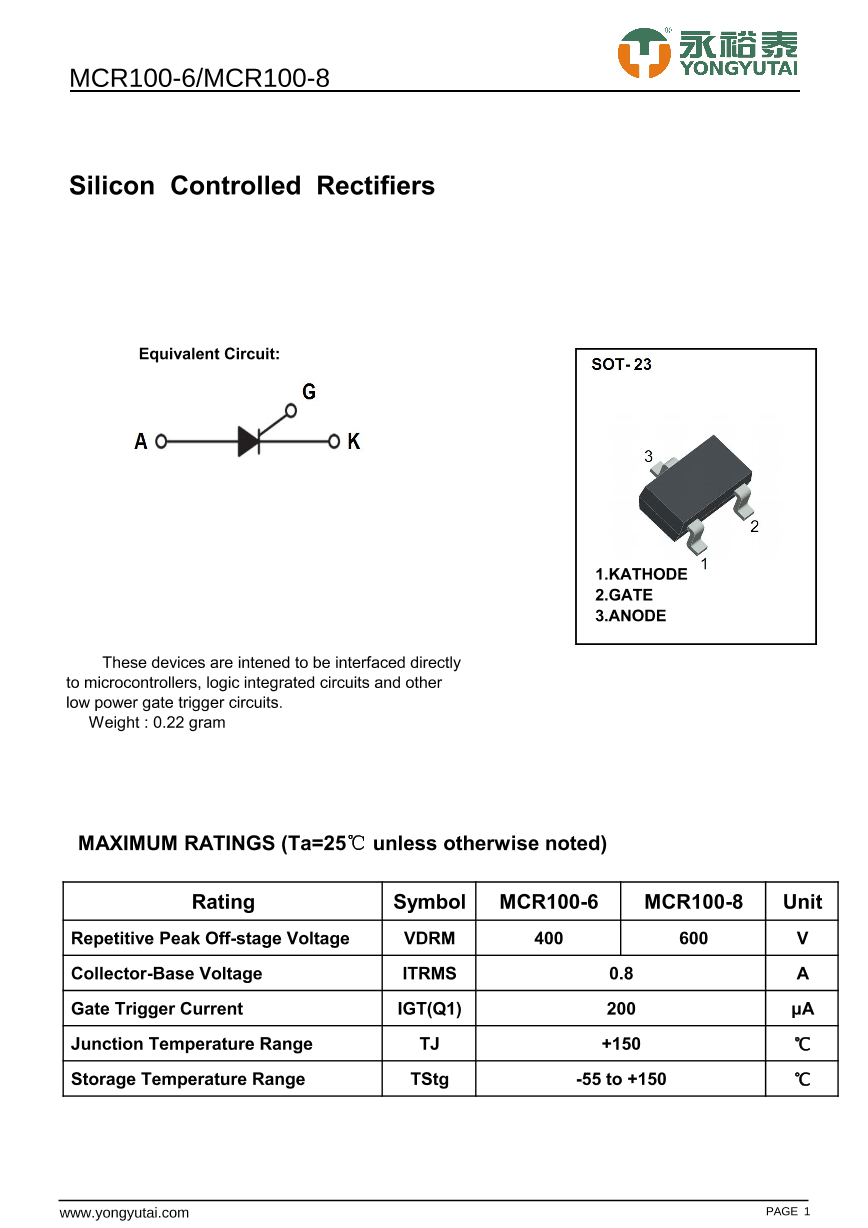 MCR100-6_（YONGYUTAI(永裕泰)）MCR100-6中文资料_价格_PDF手册-立创电子商城