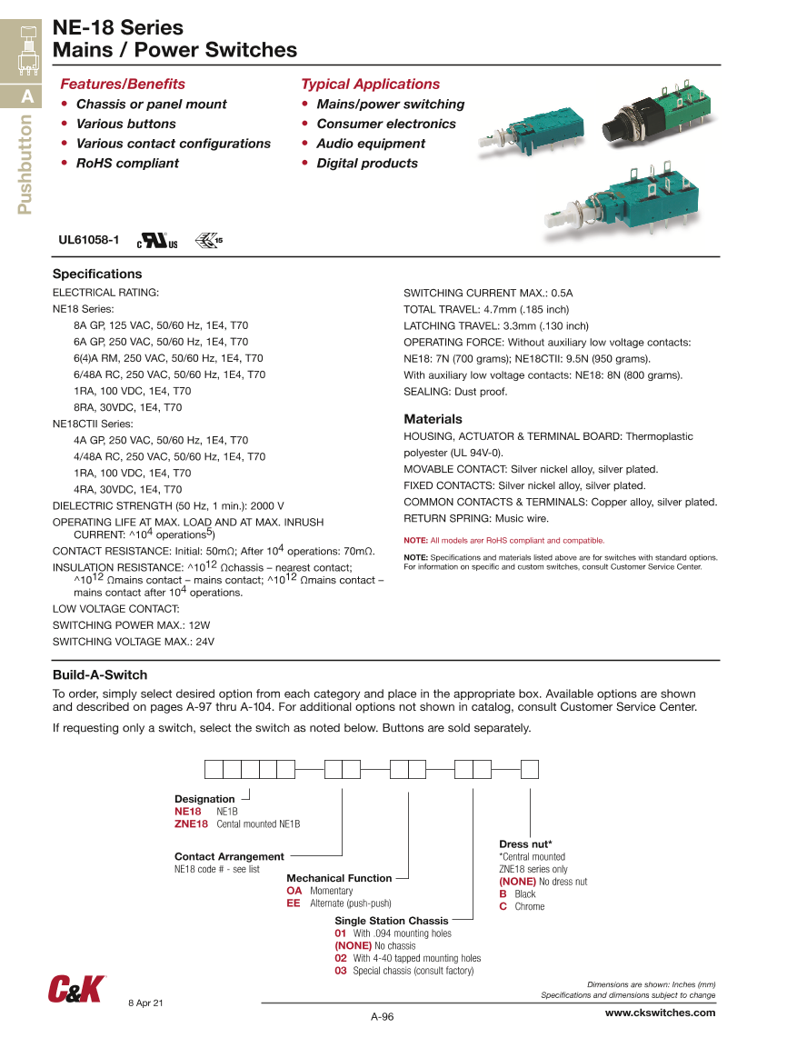 NE18 2A EE SN 6AMP_（C&K）NE18 2A EE SN 6AMP中文资料_价格_PDF手册-立创电子商城