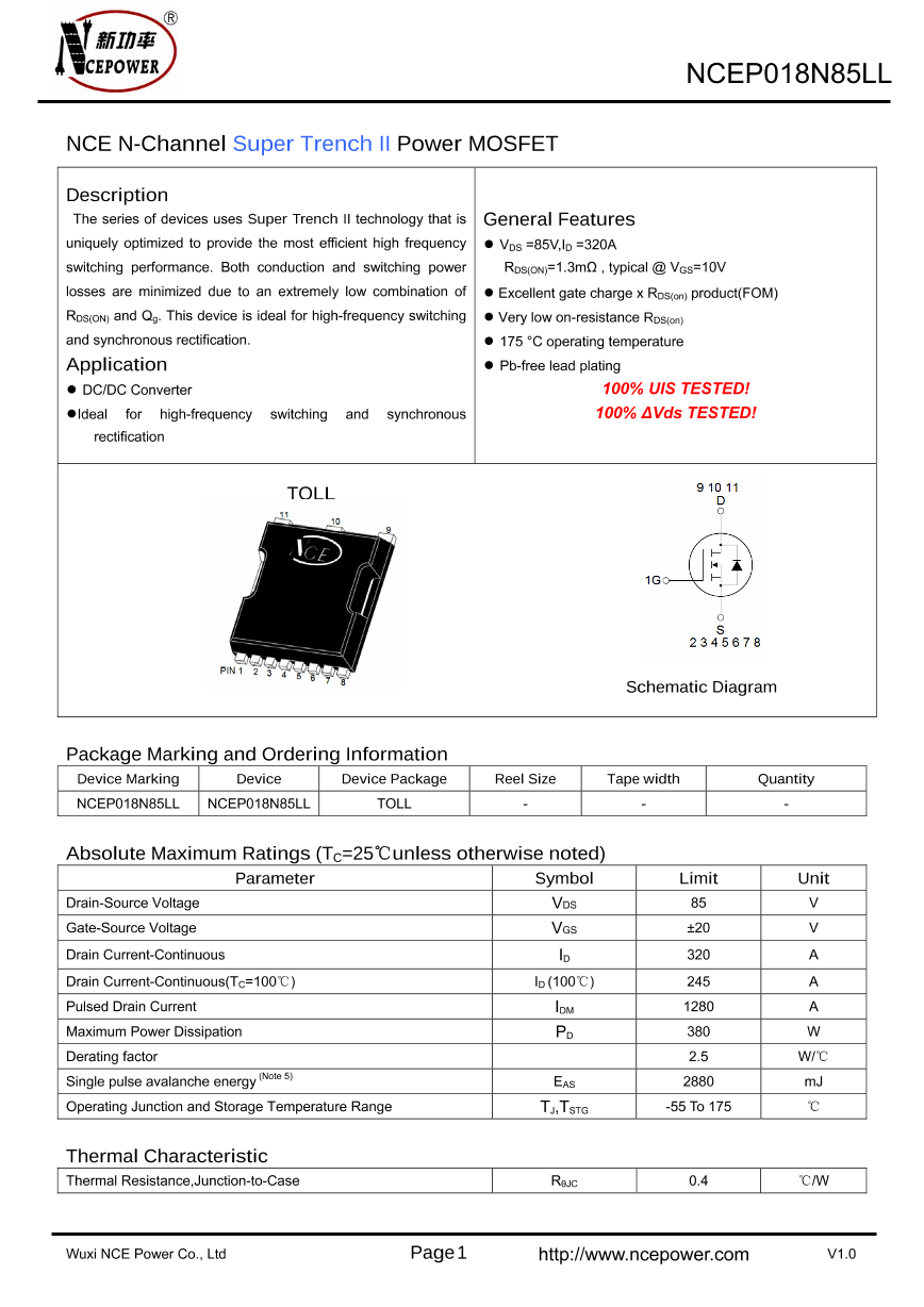 NCEP018N85LL_（NCE(无锡新洁能)）NCEP018N85LL中文资料_价格_PDF手册-立创电子商城