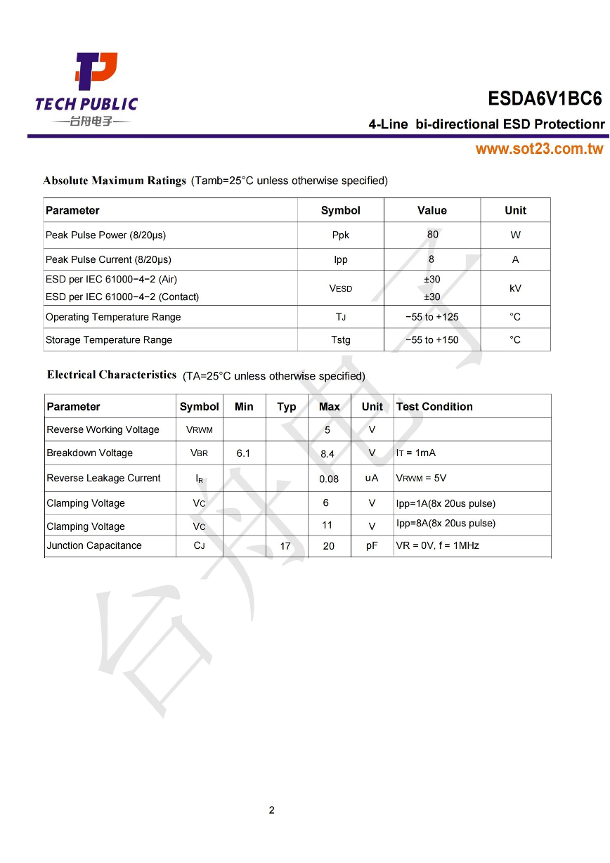 ESDA6V1BC6_（TECH PUBLIC(台舟)）ESDA6V1BC6中文资料_价格_PDF手册-立创电子商城