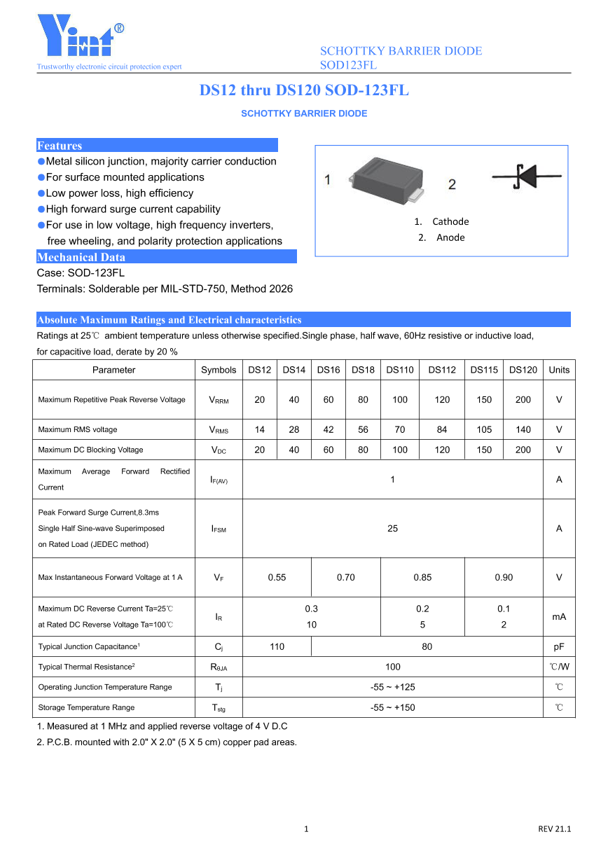 DS14 SOD-123FL_（Yint(音特电子)）DS14 SOD-123FL中文资料_价格_PDF手册-立创电子商城