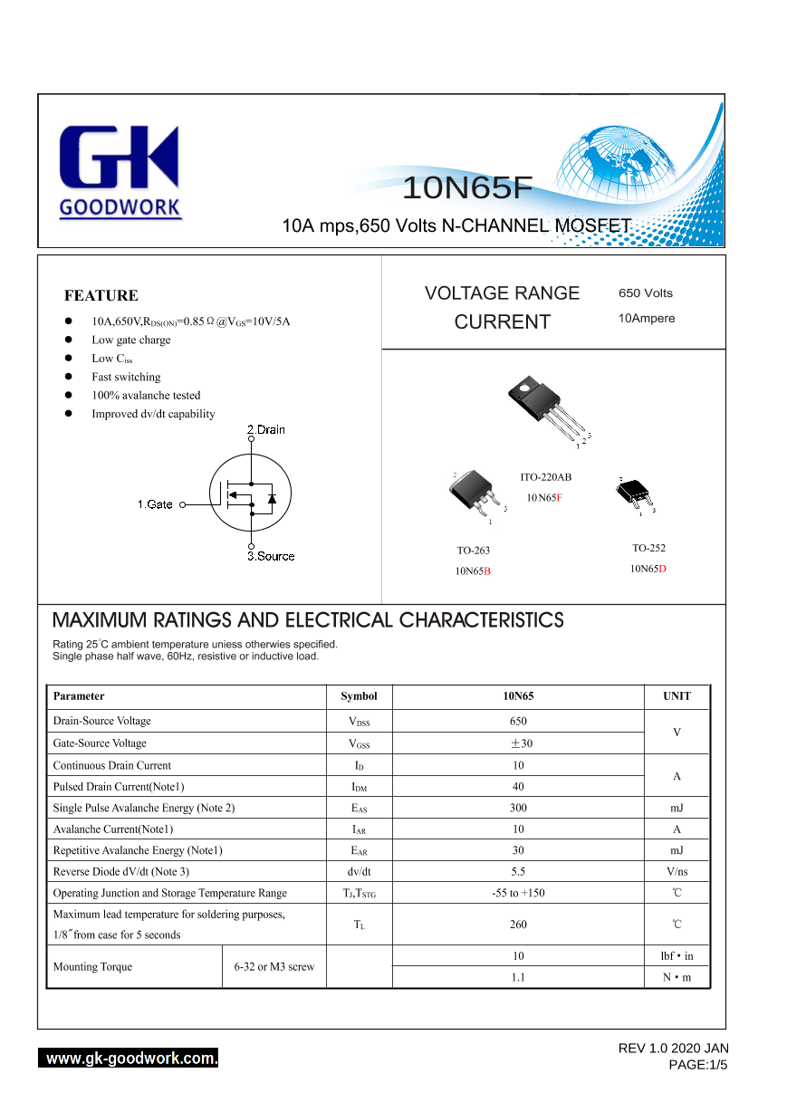 10N65F_（GOODWORK(固得沃克)）10N65F中文资料_价格_PDF手册-立创电子商城