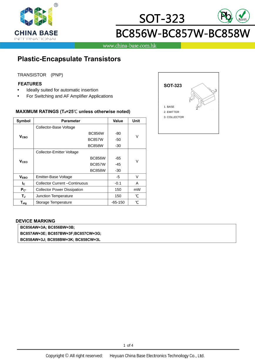 BC856BW 3B_（CBI(创基)）BC856BW 3B中文资料_价格_PDF手册-立创电子商城