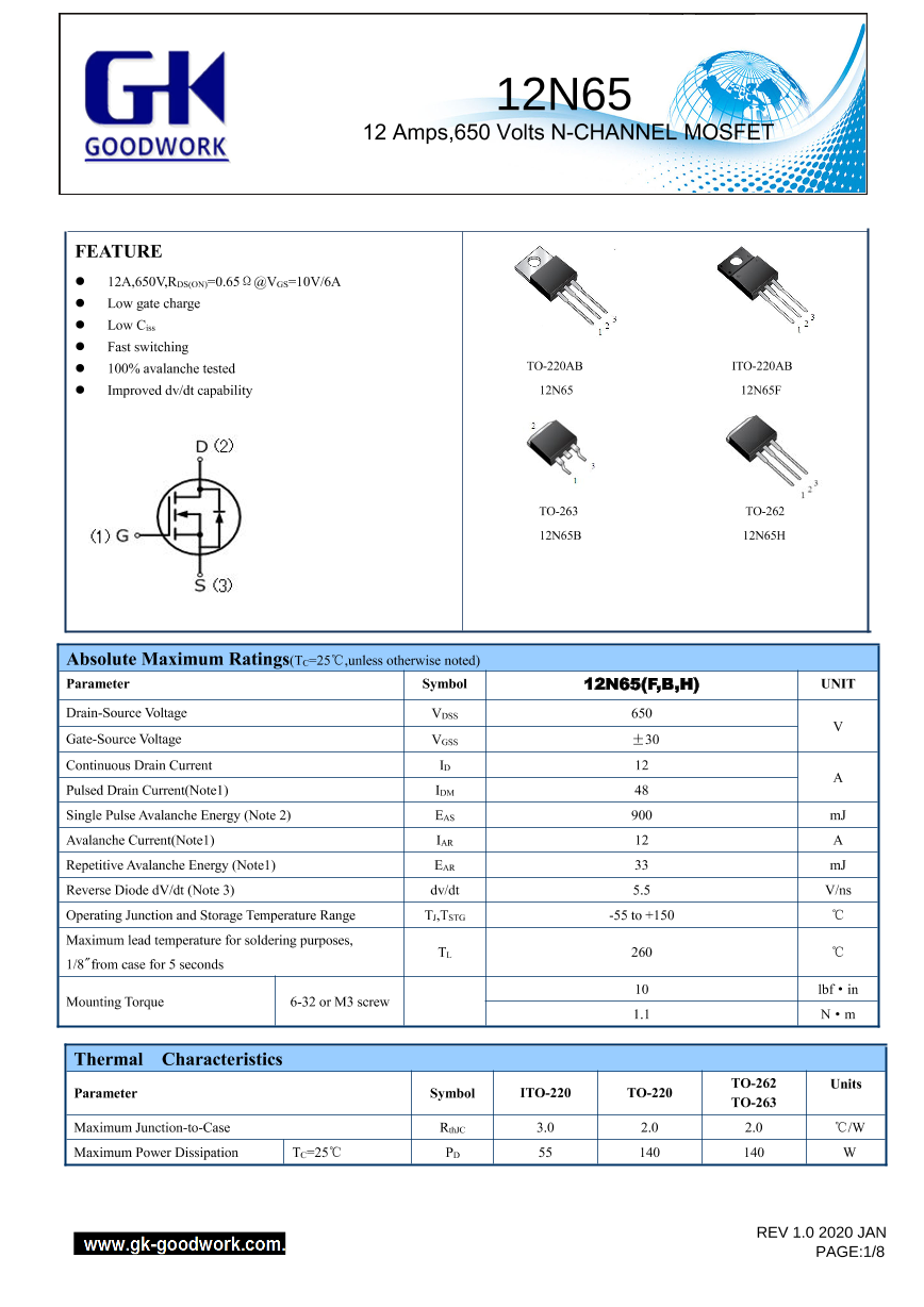 12N65F_（GOODWORK(固得沃克)）12N65F中文资料_价格_PDF手册-立创电子商城