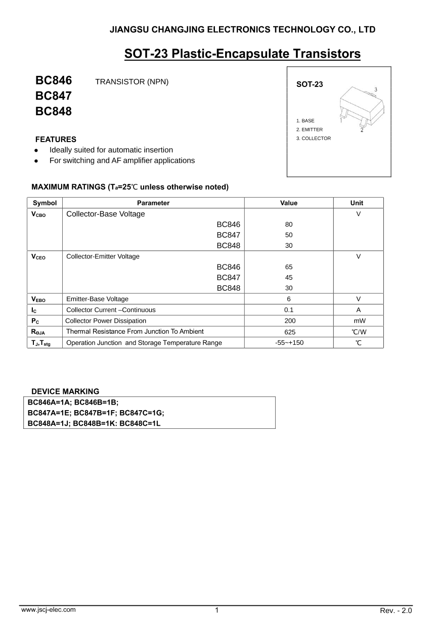 BC847_（CJ(江苏长电/长晶)）BC847中文资料_价格_PDF手册-立创电子商城