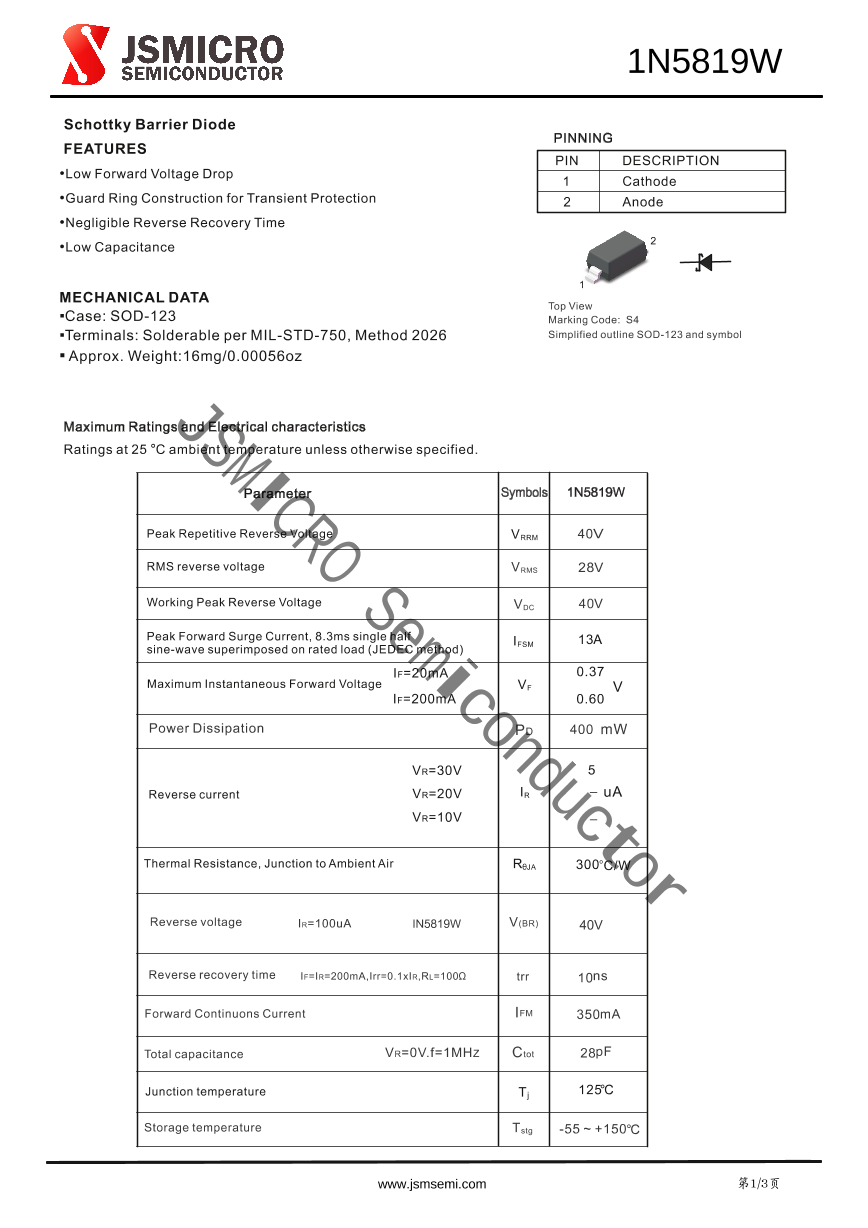 1N5819W_（JSMSEMI(杰盛微)）1N5819W中文资料_价格_PDF手册-立创电子商城
