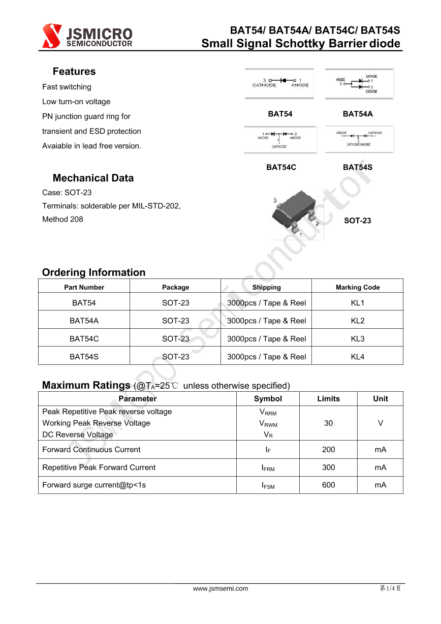 BAT54S_（JSMSEMI(杰盛微)）BAT54S中文资料_价格_PDF手册-立创电子商城