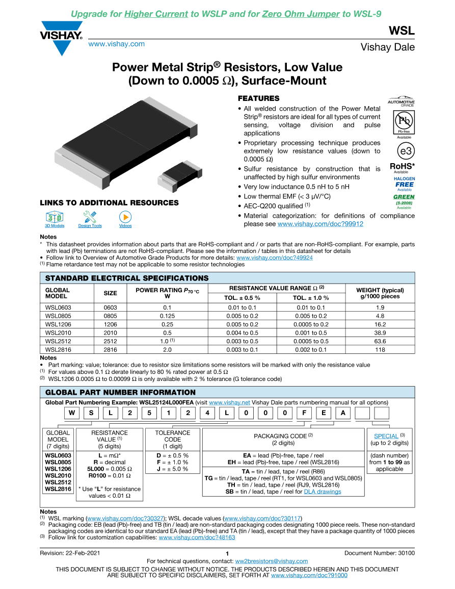 WSL25125L000FEA_（VISHAY(威世)）WSL25125L000FEA中文资料_价格_PDF手册-立创电子商城