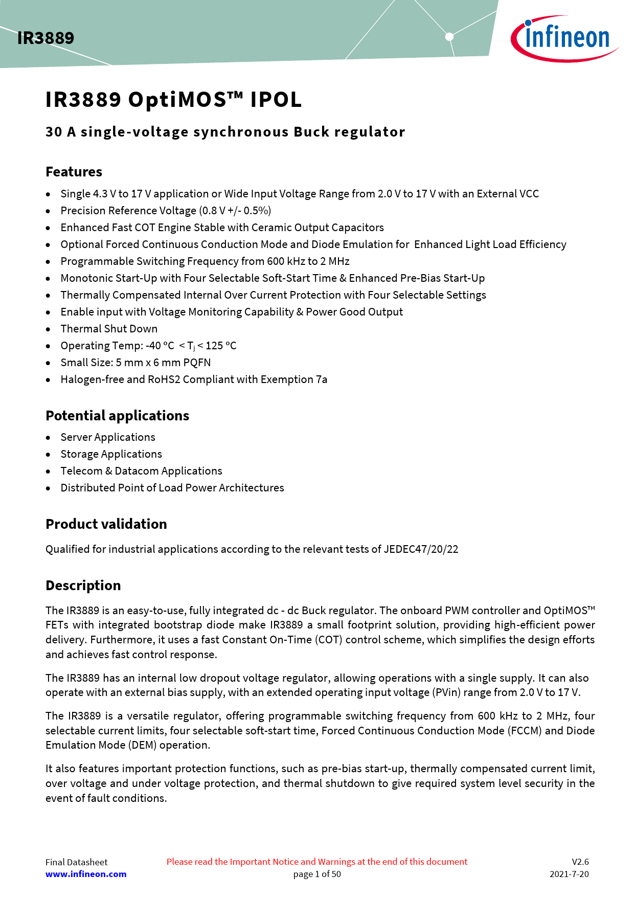 IR3889MTRPBFAUMA1_（Infineon(英飞凌)）IR3889MTRPBFAUMA1中文资料_价格_PDF手册-立创电子商城