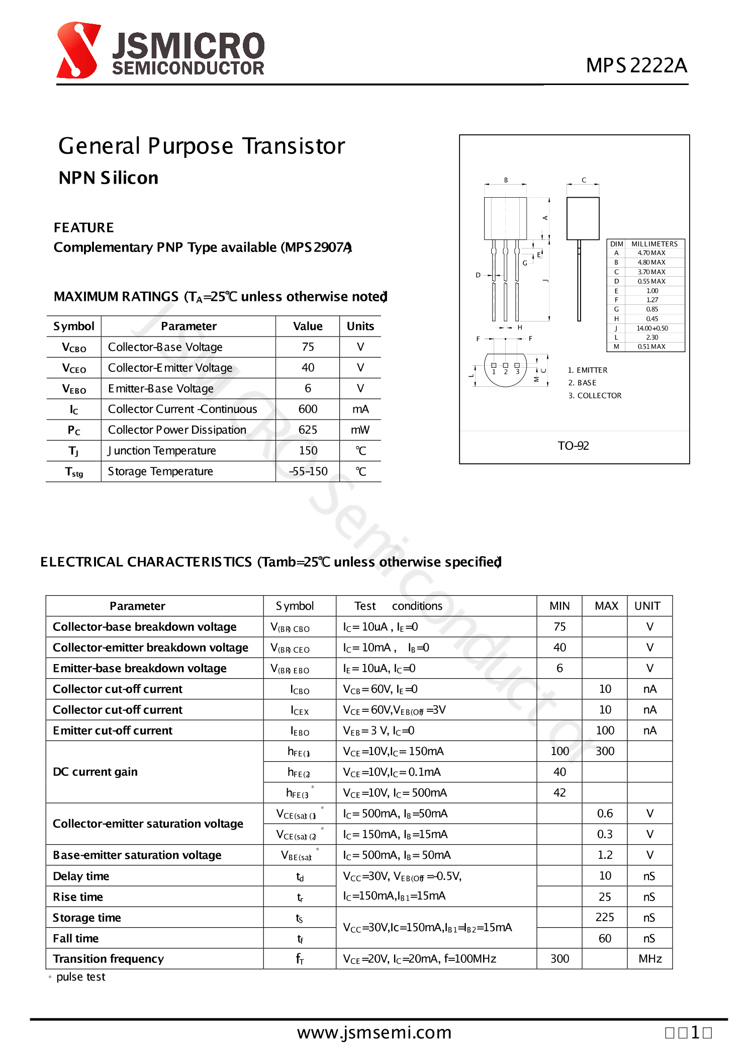 MPS2222A_（JSMSEMI(杰盛微)）MPS2222A中文资料_价格_PDF手册-立创电子商城