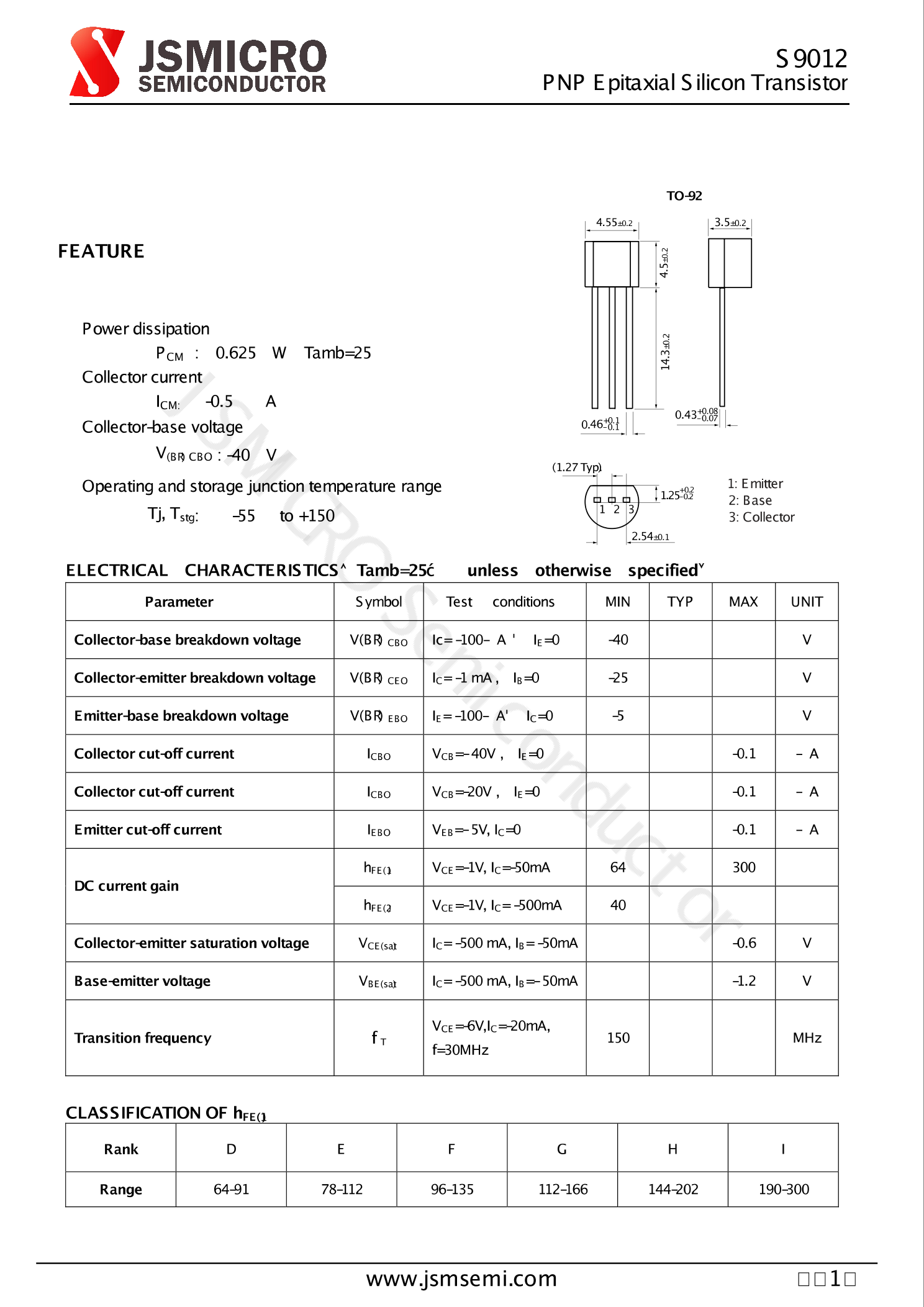 S9012_（JSMSEMI(杰盛微)）S9012中文资料_价格_PDF手册-立创电子商城