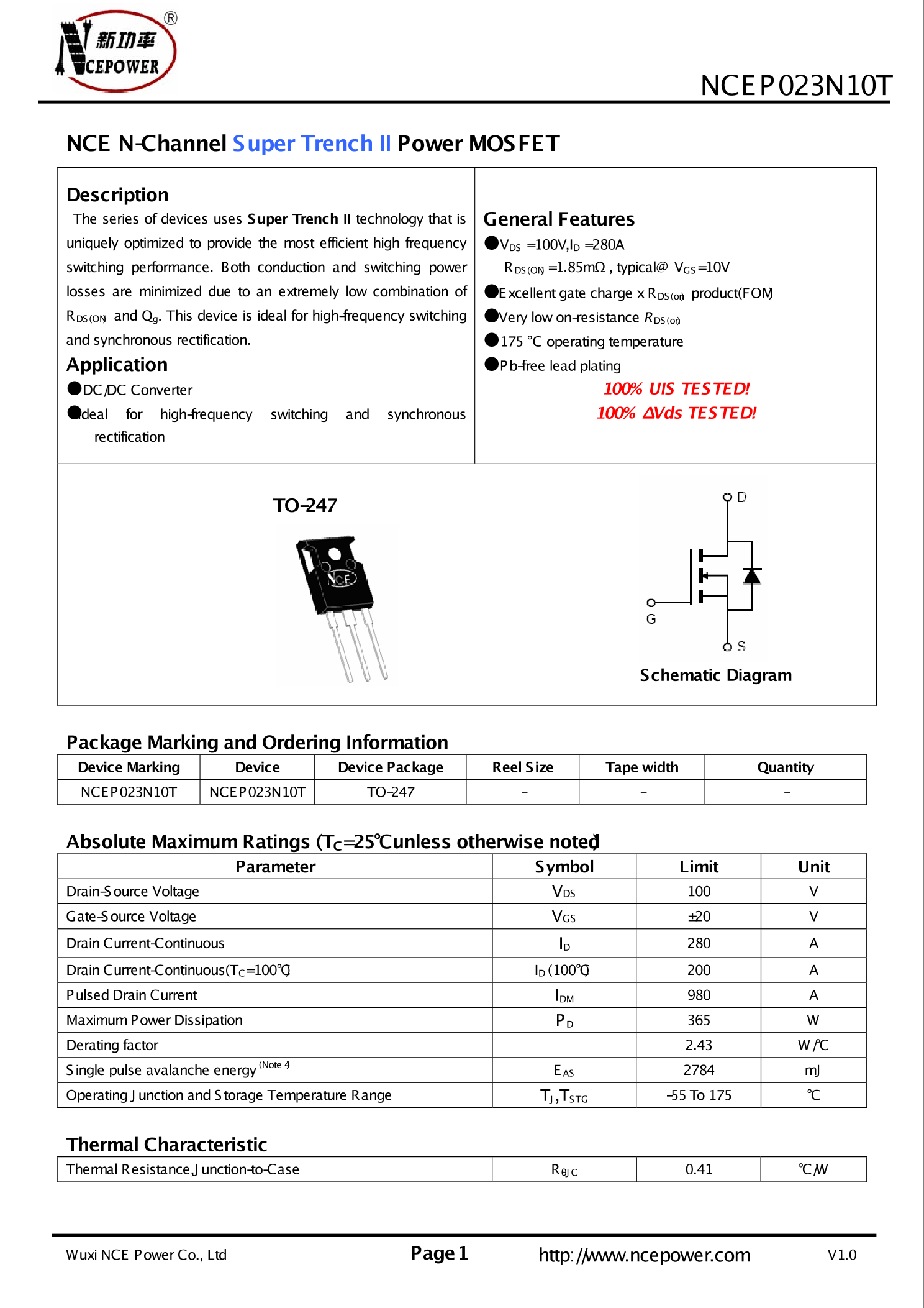 NCEP023N10T_（NCE(无锡新洁能)）NCEP023N10T中文资料_价格_PDF手册-立创电子商城