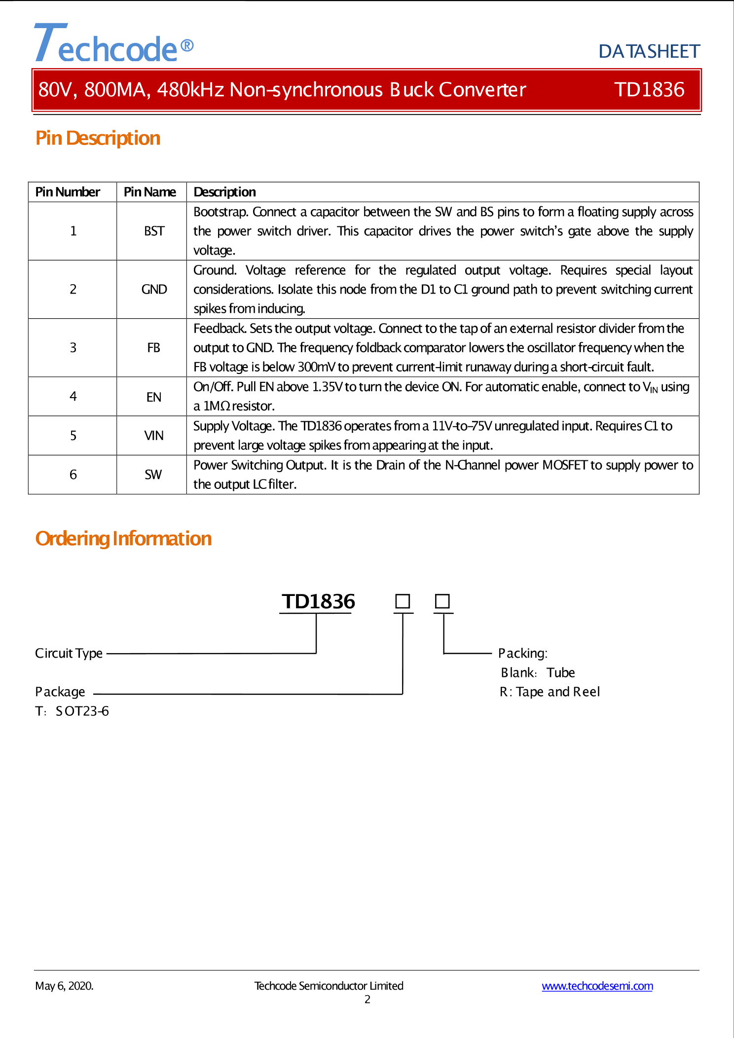 TD1836_（Techcode(泰德)）TD1836中文资料_价格_PDF手册-立创电子商城