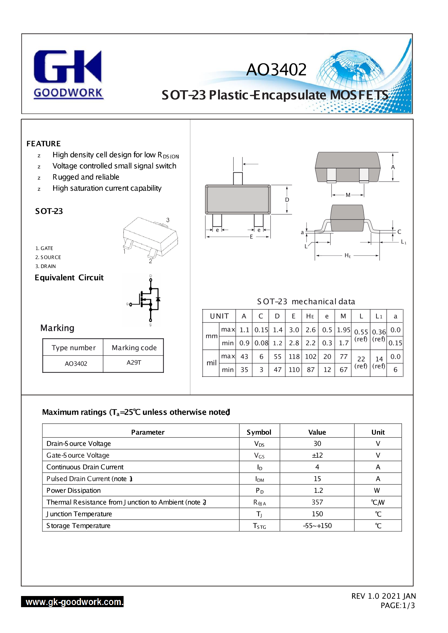 AO3402_（GOODWORK(固得沃克)）AO3402中文资料_价格_PDF手册-立创电子商城