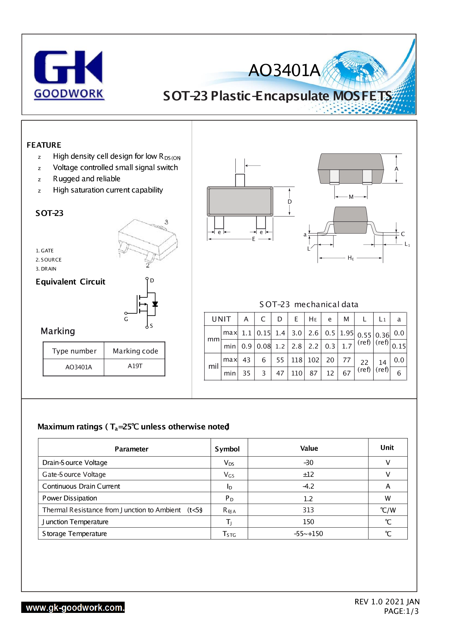 AO3401A_（GOODWORK(固得沃克)）AO3401A中文资料_价格_PDF手册-立创电子商城