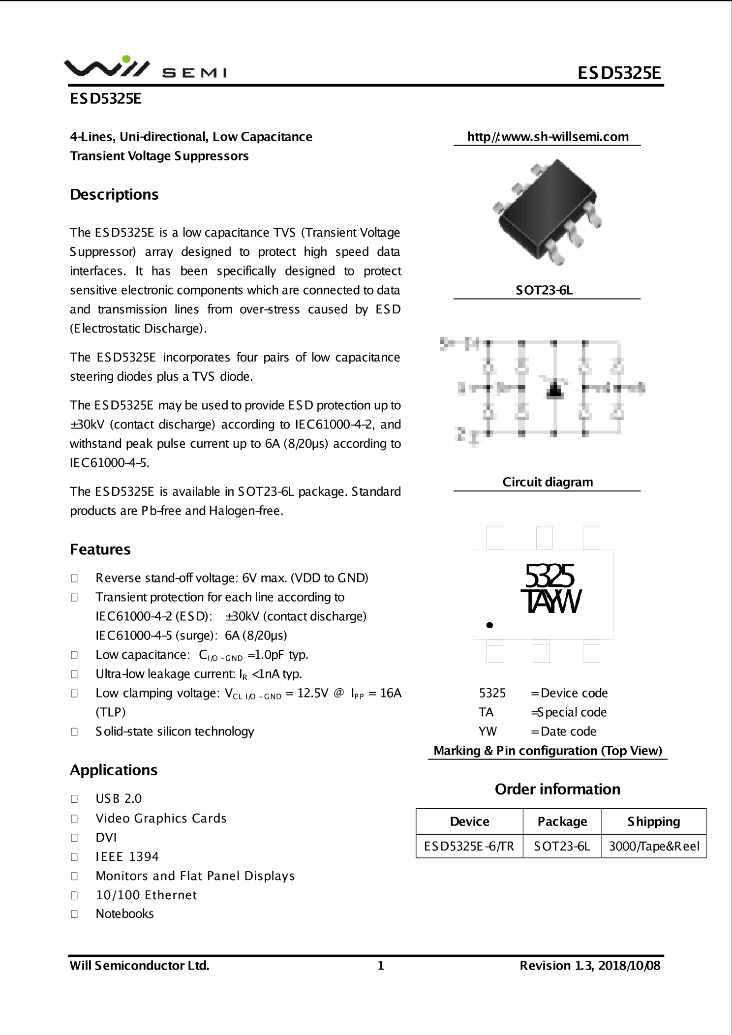 ESD5325E-6/TR_（WILLSEMI(韦尔)）ESD5325E-6/TR中文资料_价格_PDF手册-立创电子商城