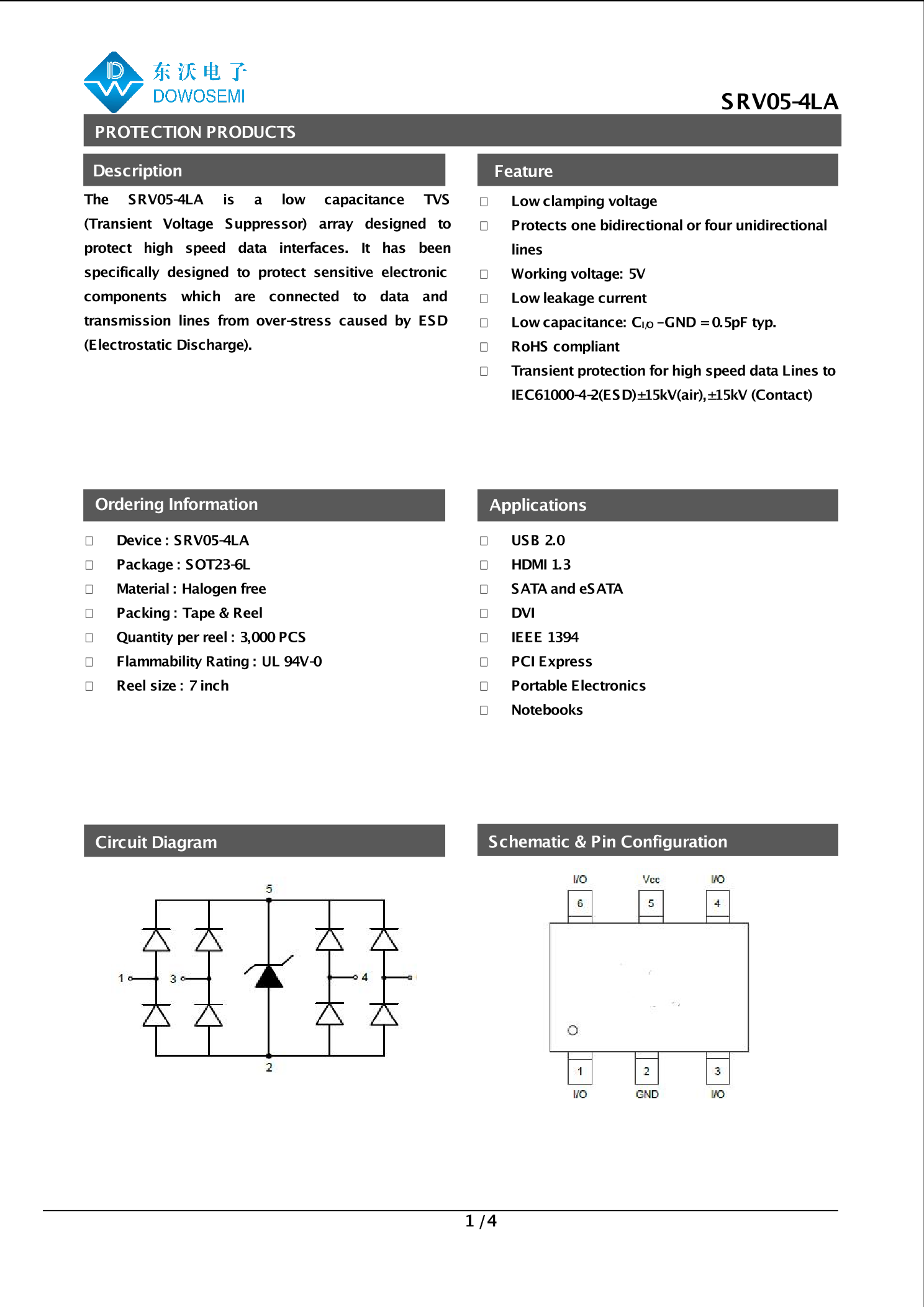 SRV05-4LA 4A_（DOWO(东沃)）SRV05-4LA 4A中文资料_价格_PDF手册-立创电子商城