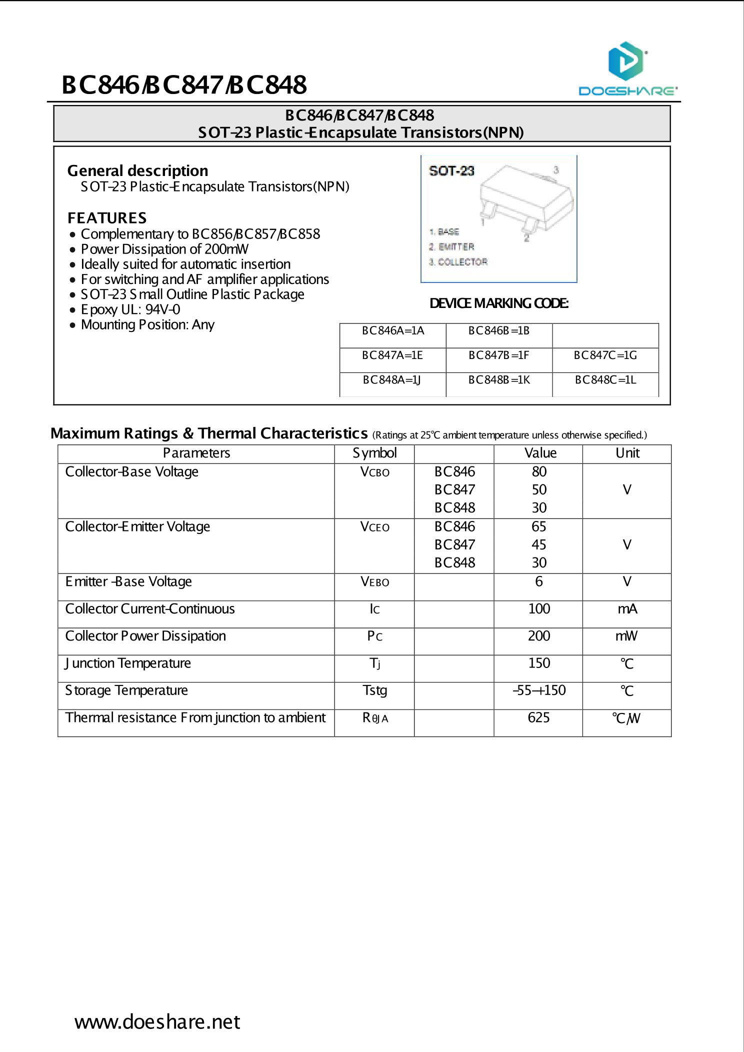 BC846B_（Doeshare(德芯)）BC846B中文资料_价格_PDF手册-立创电子商城