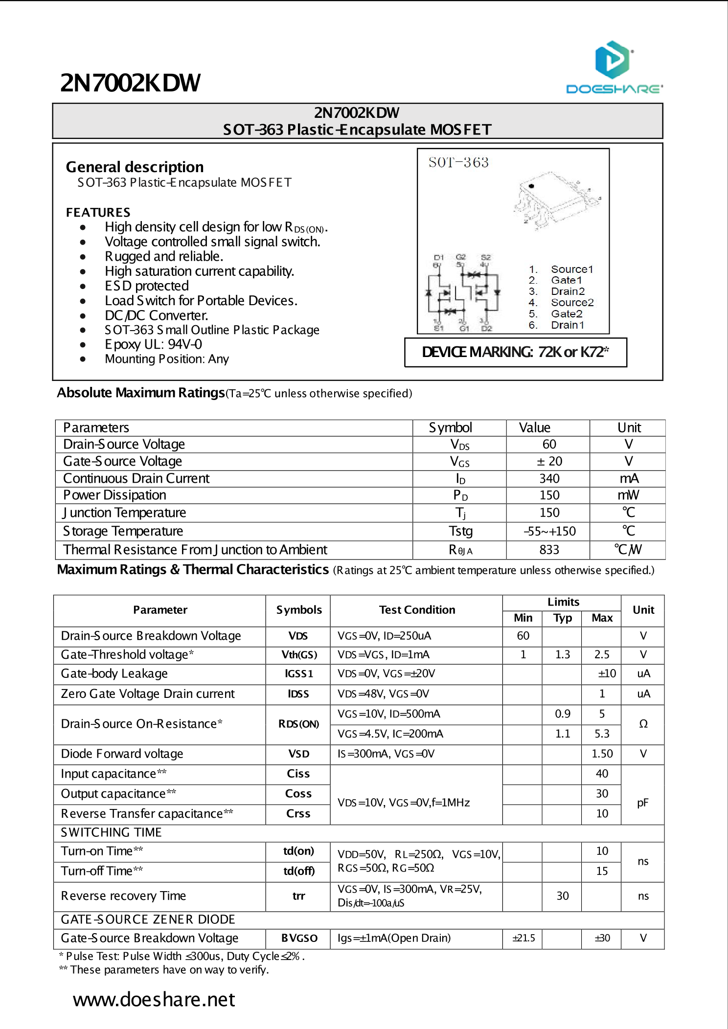 2N7002KDW_（Doeshare(德芯)）2N7002KDW中文资料_价格_PDF手册-立创电子商城
