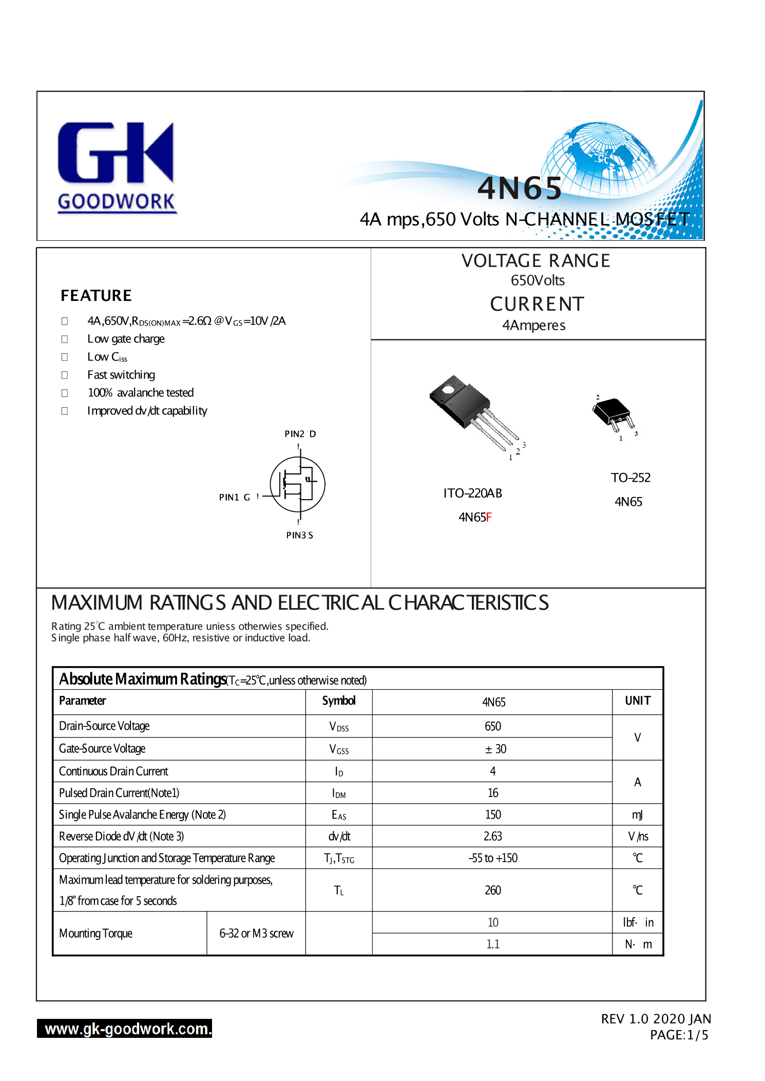 4N65_（GOODWORK(固得沃克)）4N65中文资料_价格_PDF手册-立创电子商城