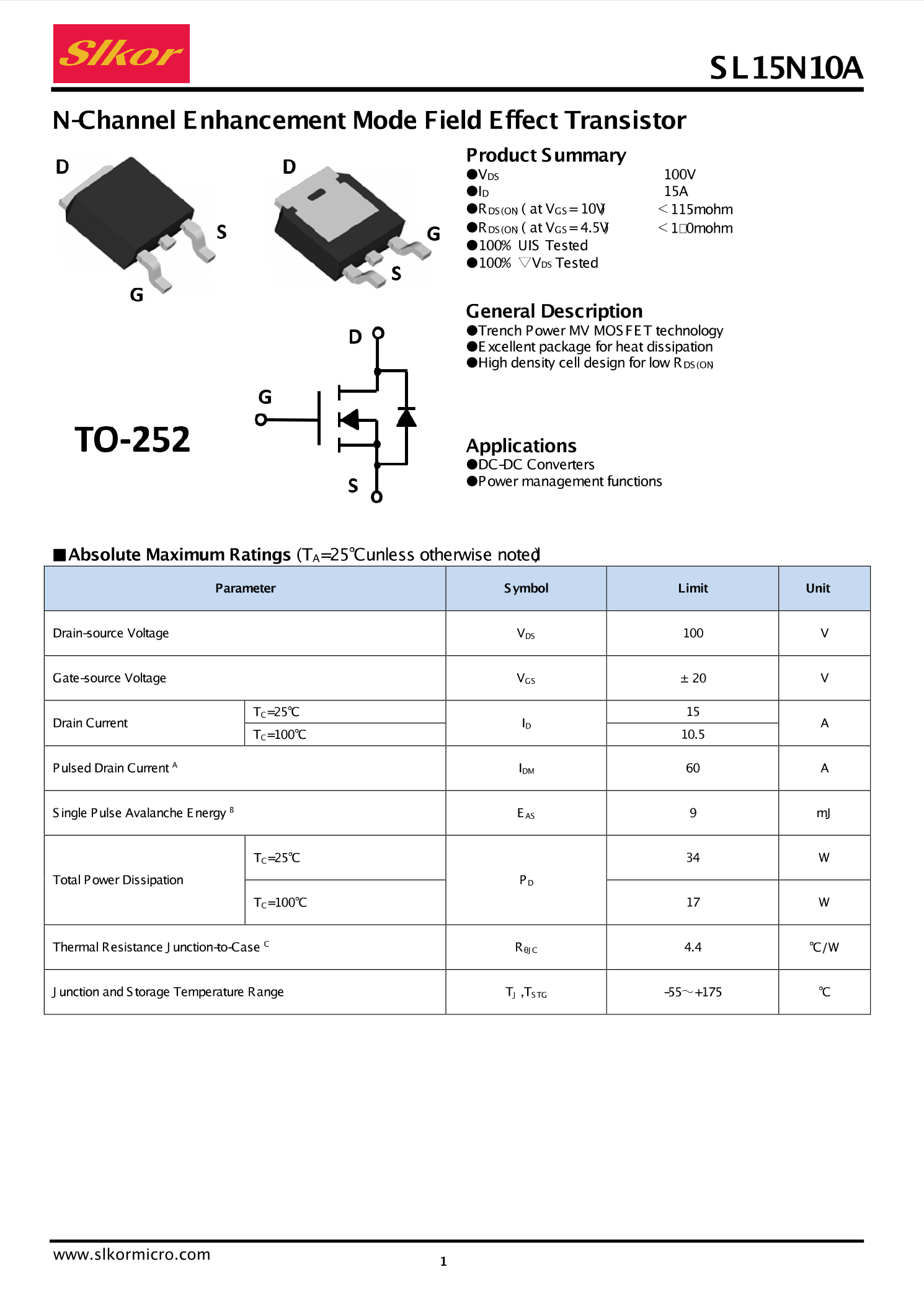 SL15N10A_（Slkor(萨科微)）SL15N10A中文资料_价格_PDF手册-立创电子商城