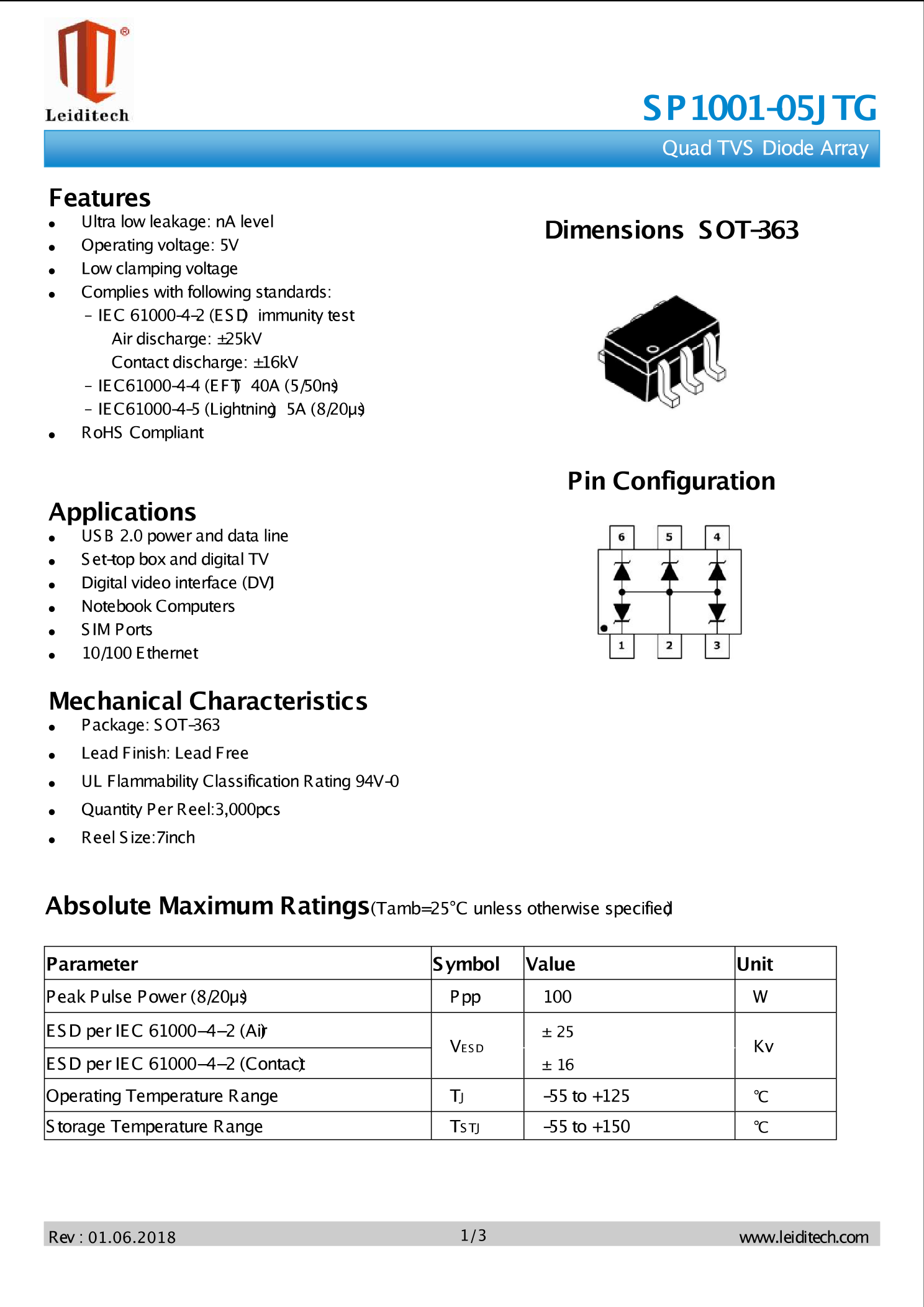 SP1001-05JTG_（Leiditech(雷卯电子)）SP1001-05JTG中文资料_价格_PDF手册-立创电子商城